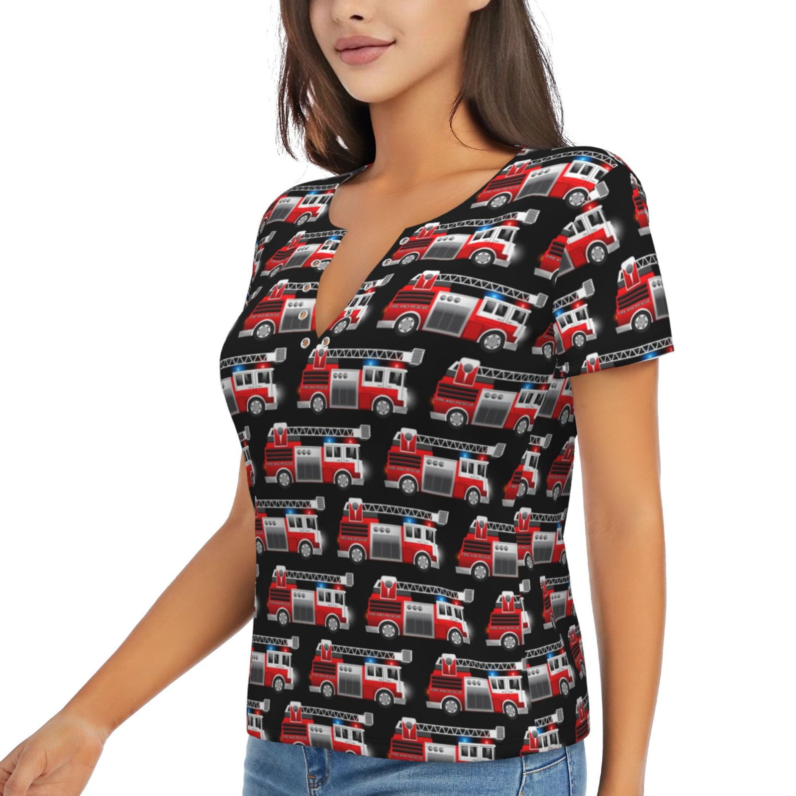 Goofa Fire and Rescue Truck Pattern Womens Deep V Neck Low Cut Tops ...