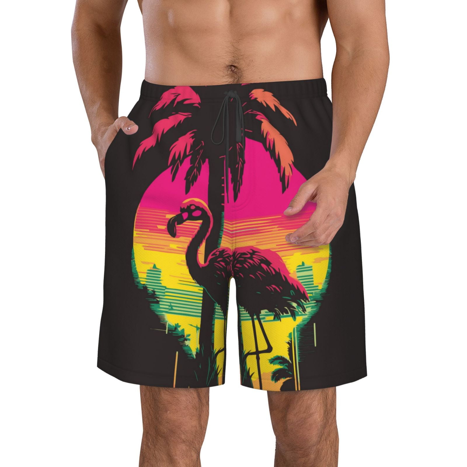 Goofa Flamingo And Palm Trees At Sunset Printed Mens Swim Trunks Summer ...