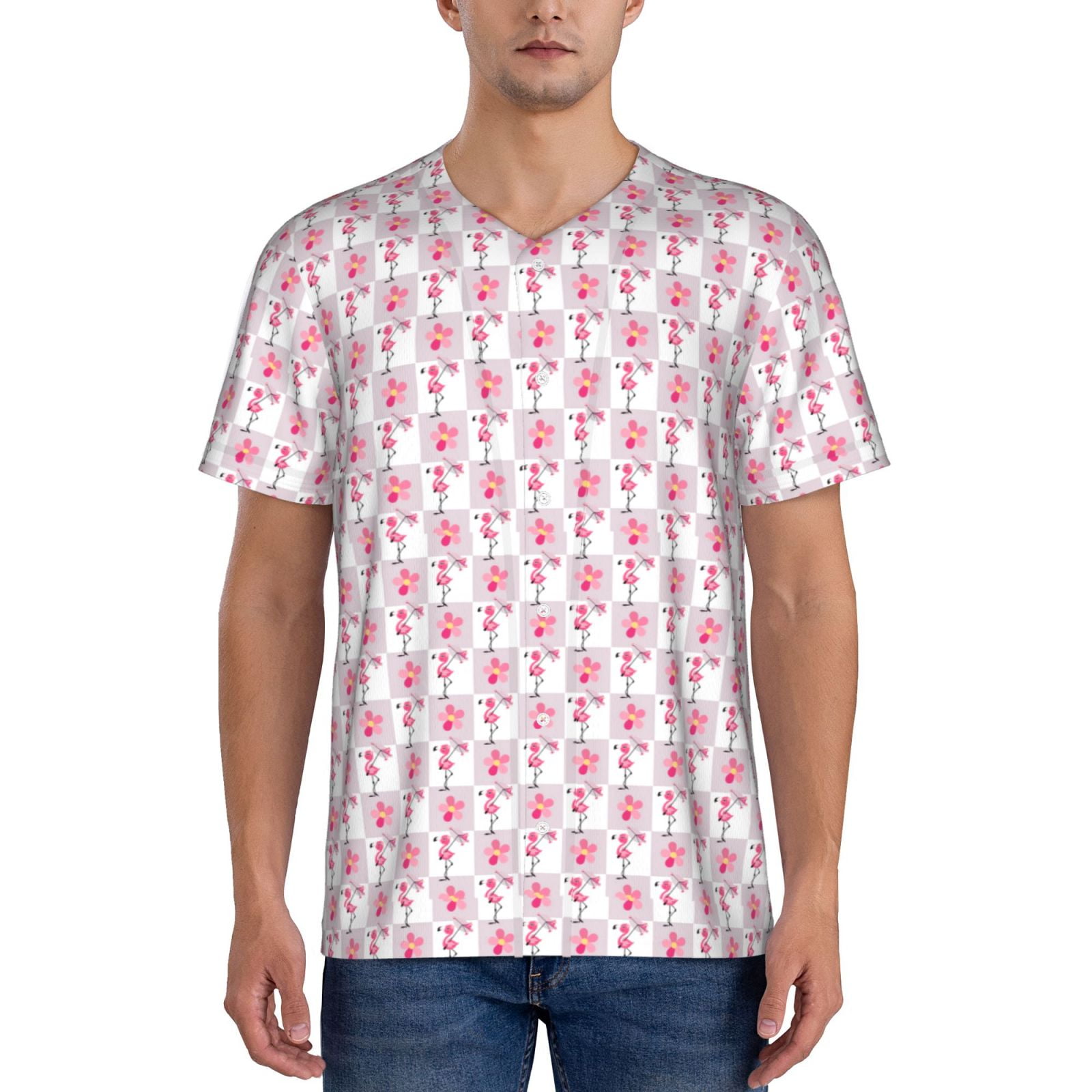 Goofa Flamingo On Checkered Pattern Mens Golf Shirt Baseball T-shirt ...