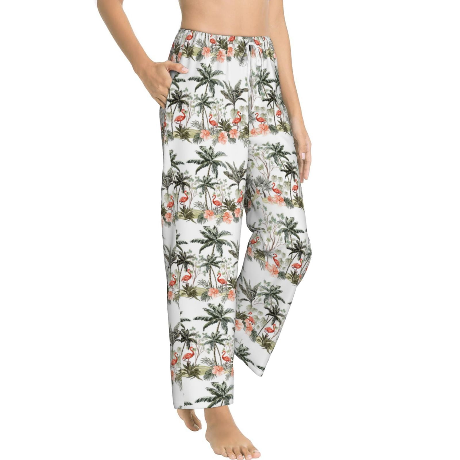Goofa Flamingo Palm Trees Printed Soft Pajama Pants for Women, Wide Leg ...