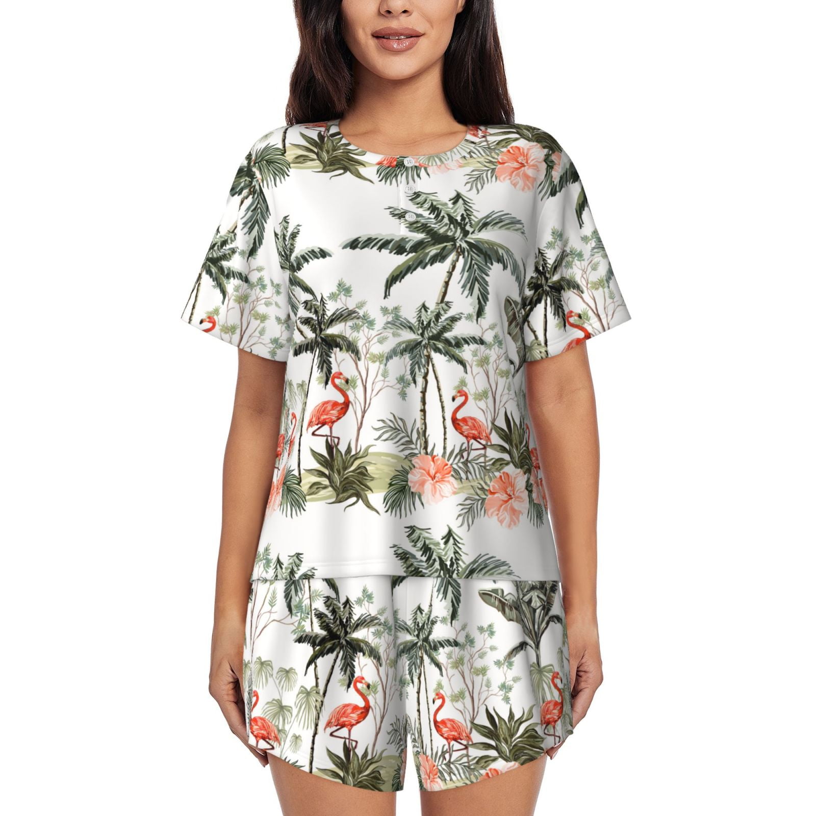 Goofa Flamingo Palm Trees for Womens Cotton 2 Piece Pajamas Set Classic Short Sleeve Pjs Set ...