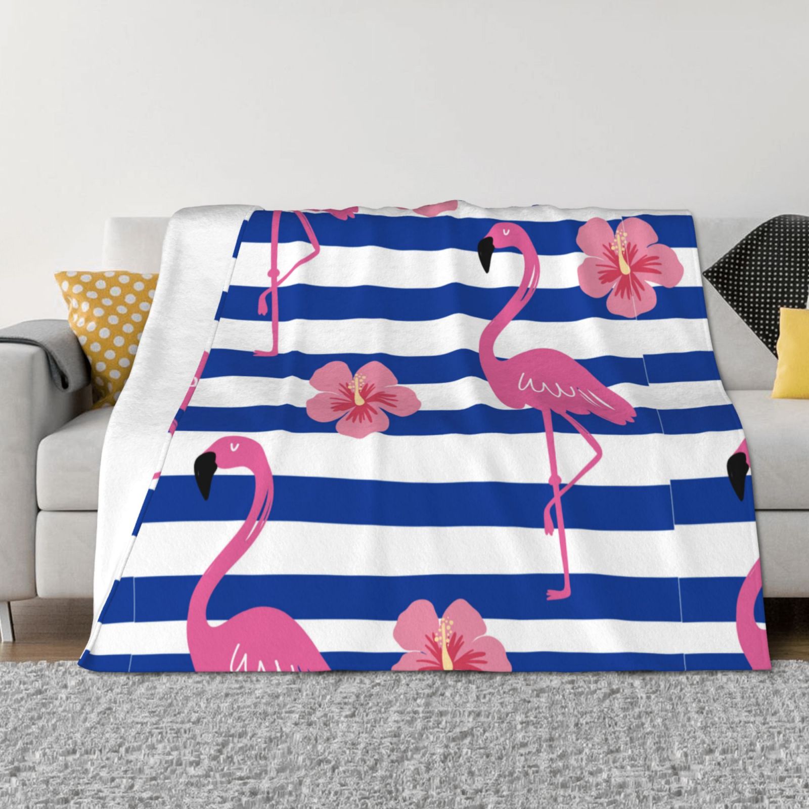 Goofa Flamingo Pattern Fleece Throw Blanket for Couch, Soft Checkered ...