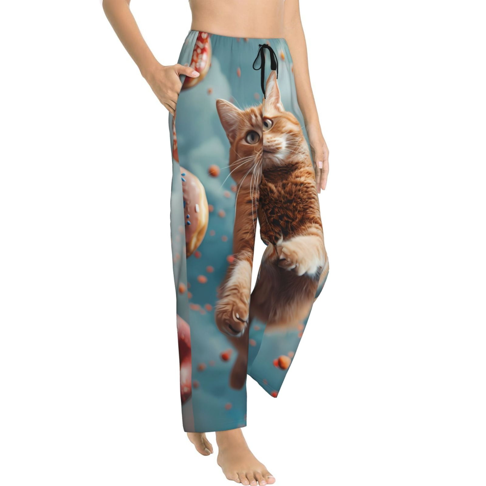 Goofa Floating Cat And Donuts Printed Soft Pajama Pants for Women, Wide ...