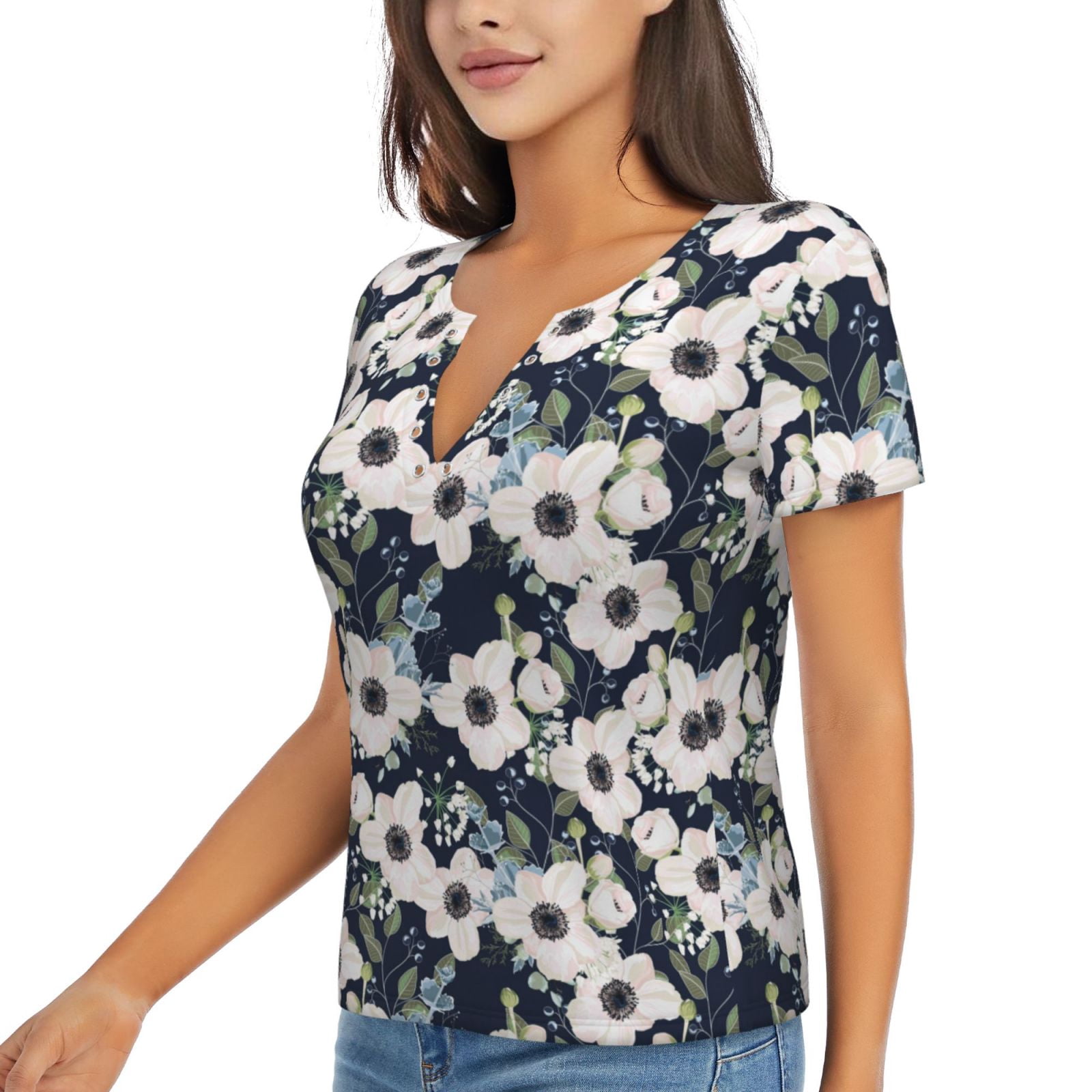 Goofa Floral Flowers Blue Pattern Womens Deep V Neck Low Cut Tops ...