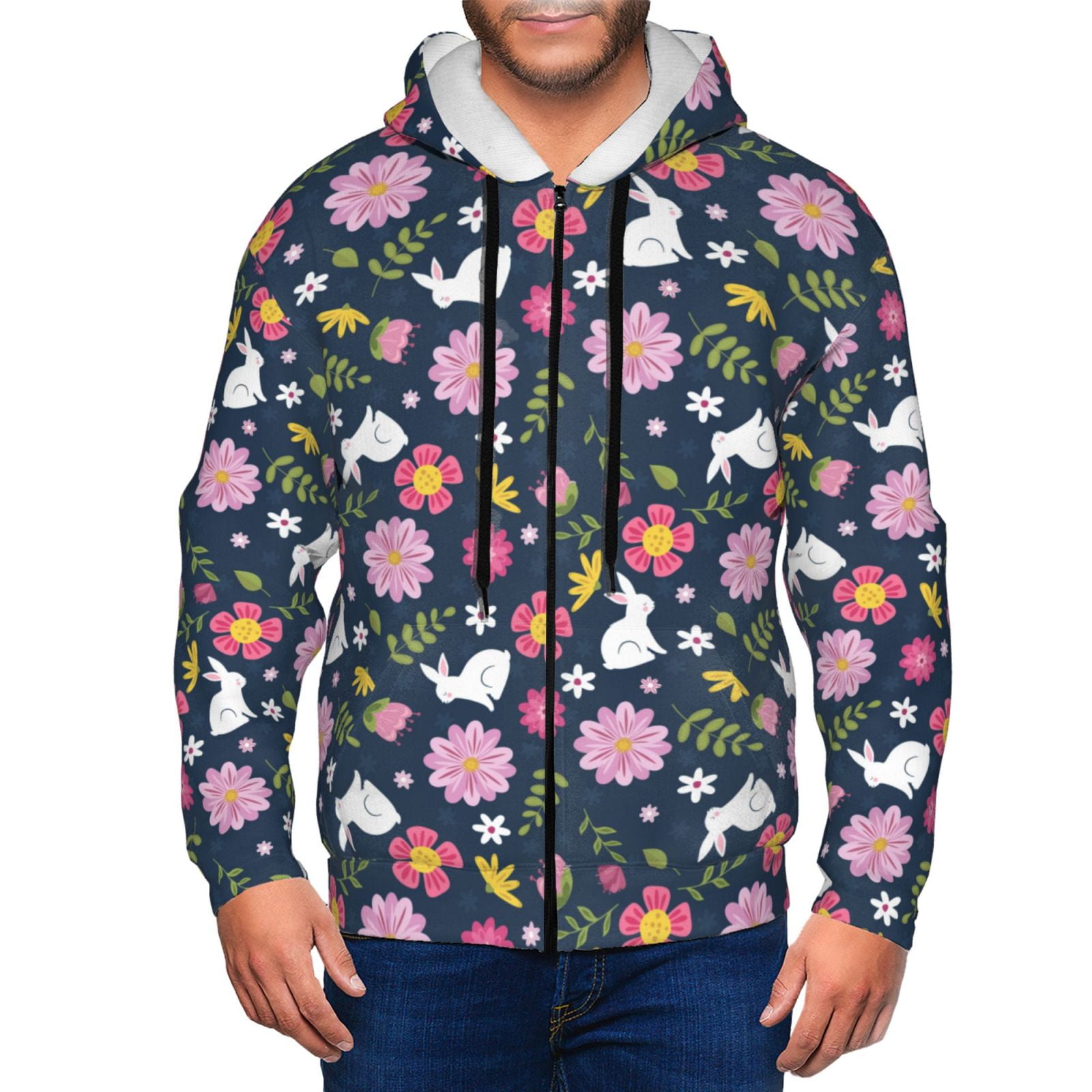 Goofa Floral Rabbit Pattern Mens Full-zip Hoodie, Zip-up Pullover ...