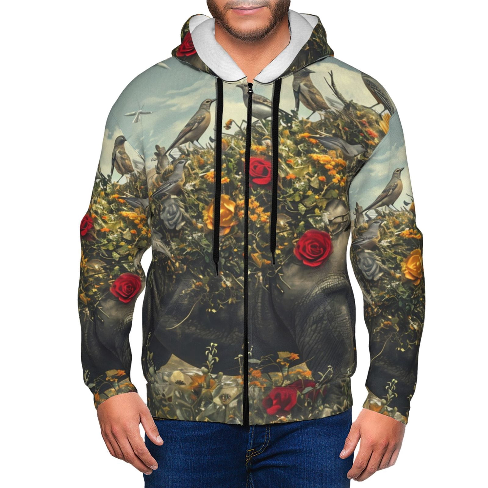 Goofa Floral Rhino With Birds Pattern Mens Full-zip Hoodie, Zip-up ...