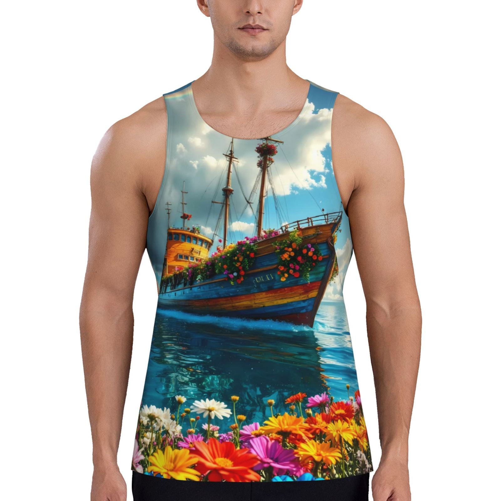 Goofa Floral Ship On Ocean Pattern Men's Workout Tank Top Slim-Fit Tank ...