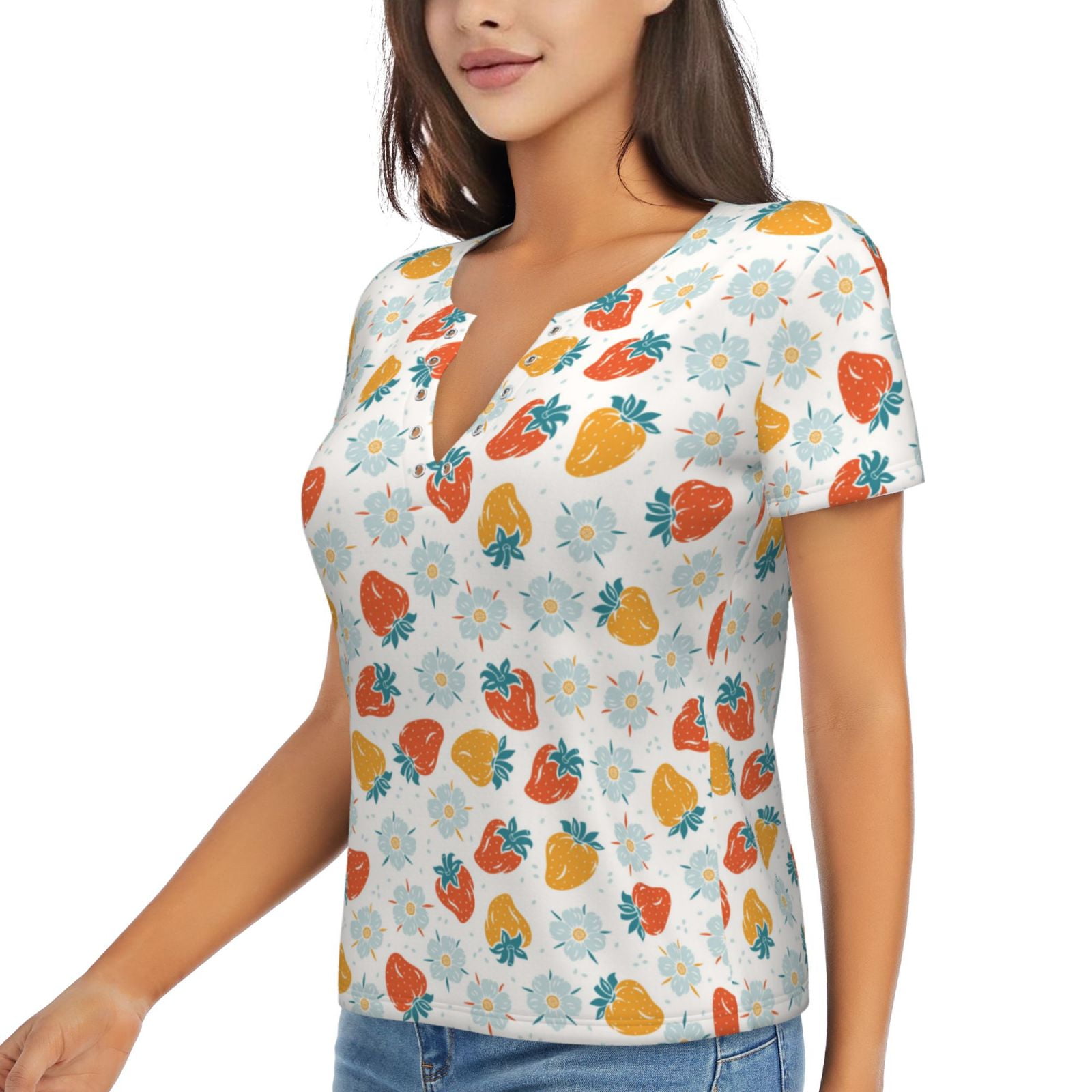 Goofa Floral Strawberr Pattern Womens Deep V Neck Low Cut Tops Casual ...