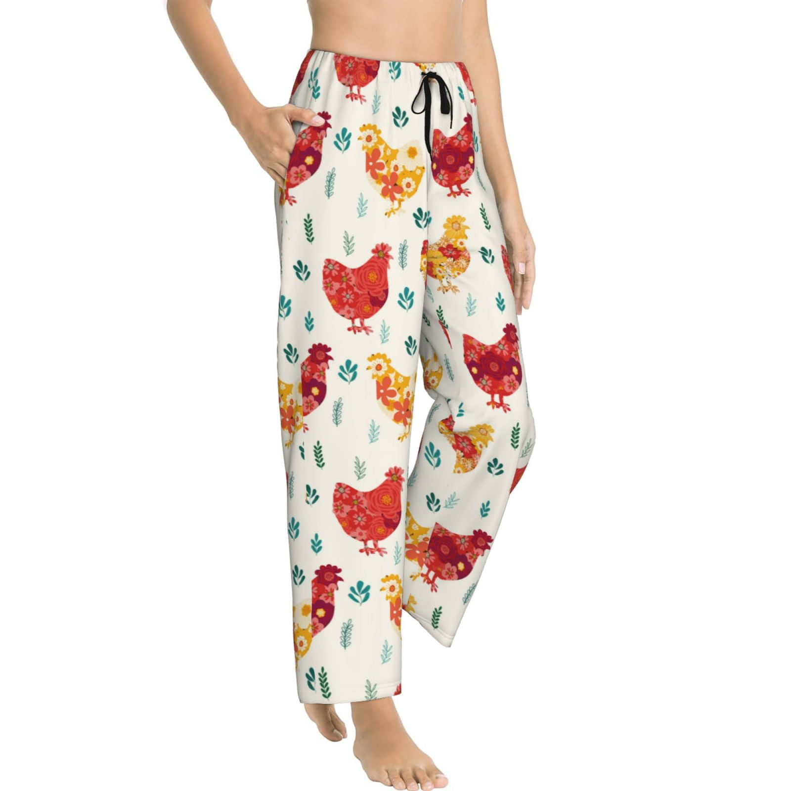 Goofa Flower Chicken Printed Soft Pajama Pants for Women, Wide Leg ...