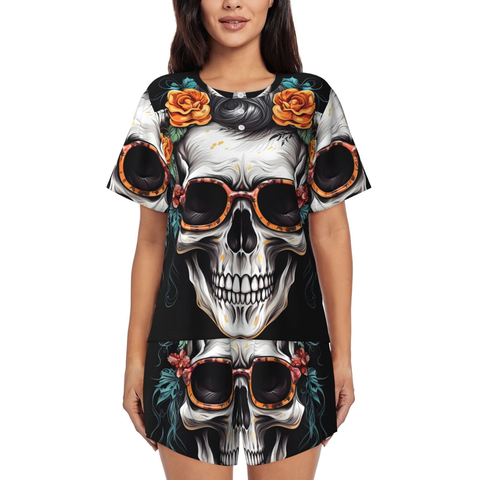 Goofa Flower Horn Skull A for Womens Cotton 2 Piece Pajamas Set Classic ...