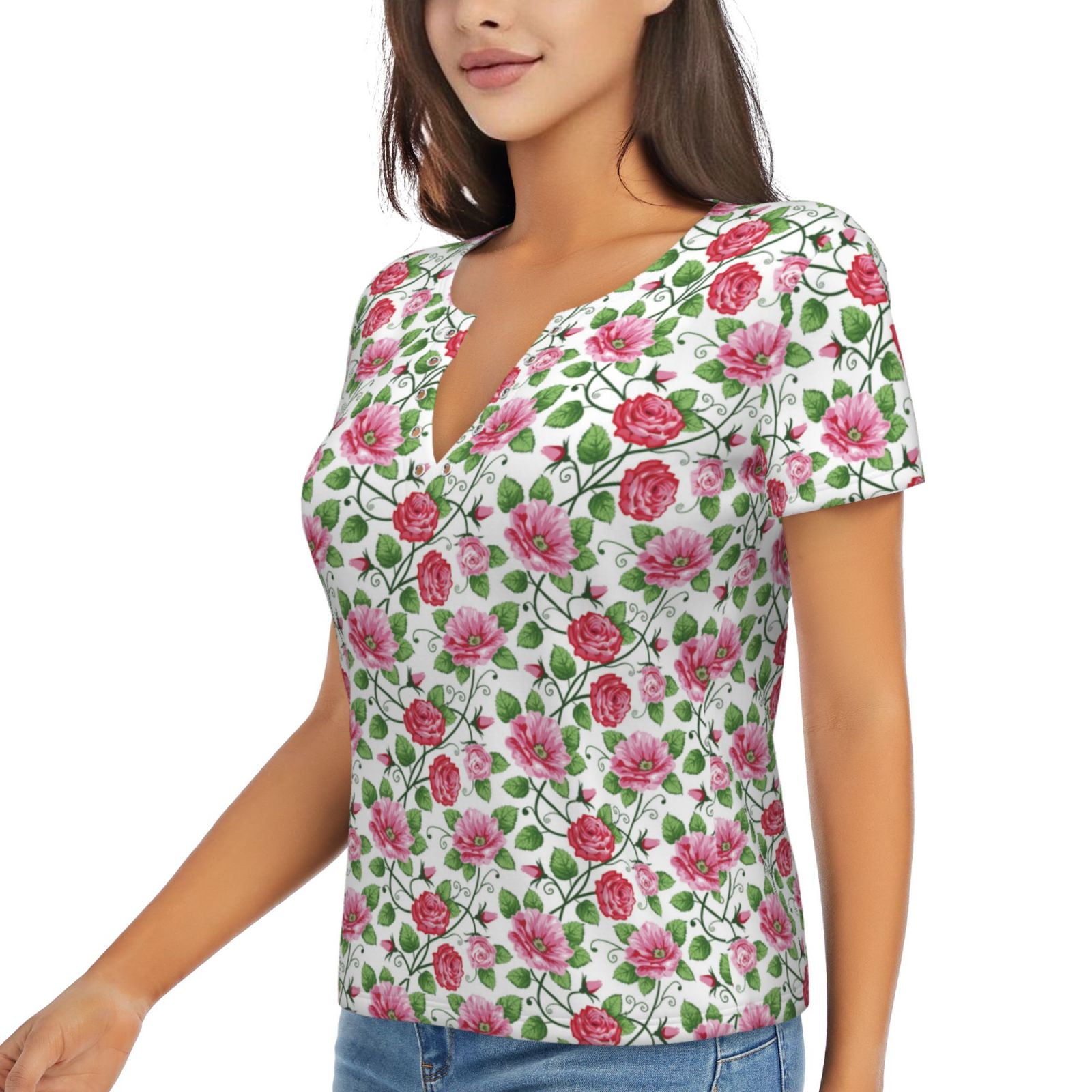 Goofa Flower Pattern Womens Deep V Neck Low Cut Tops Casual Summer ...