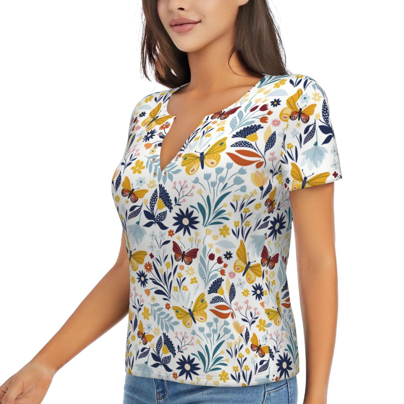 Goofa Flowers Butterfly Pattern Womens Deep V Neck Low Cut Tops Casual ...