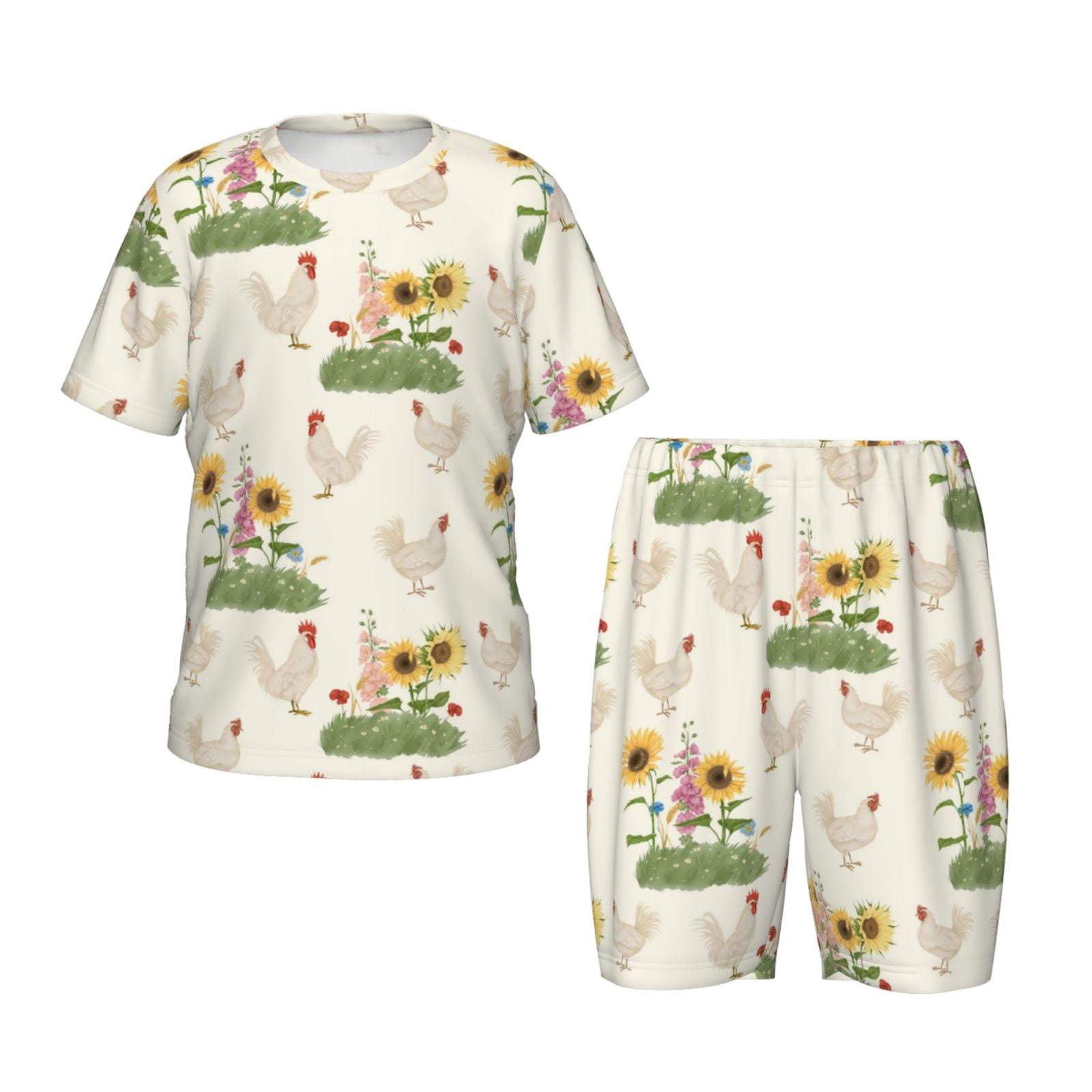 Goofa Flowers And Hens Pattern Short-Sleeved Pajama Set for Kids – Cozy Cotton PJs, Breathable ...