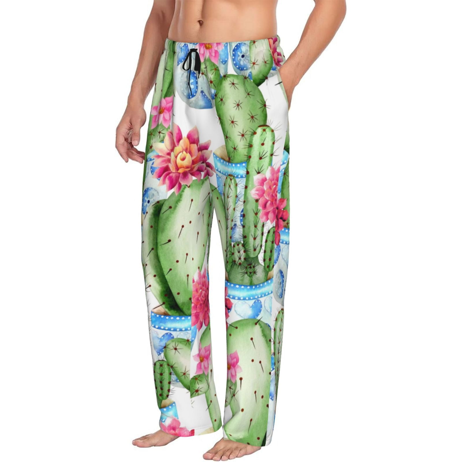Goofa Flowers and Cactus Printed Soft Pajama Pants for Men, Wide Leg ...