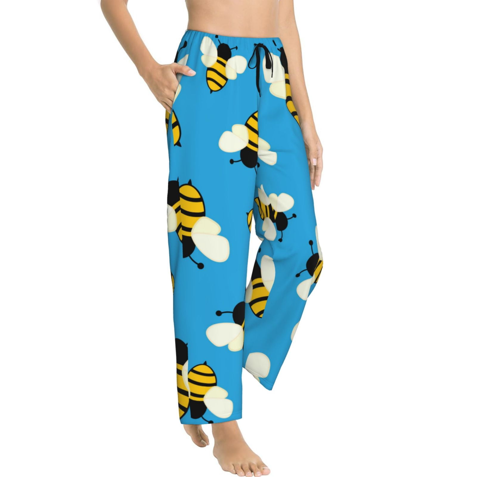 Goofa Flying Bees Printed Soft Pajama Pants for Women, Wide Leg Comfy ...