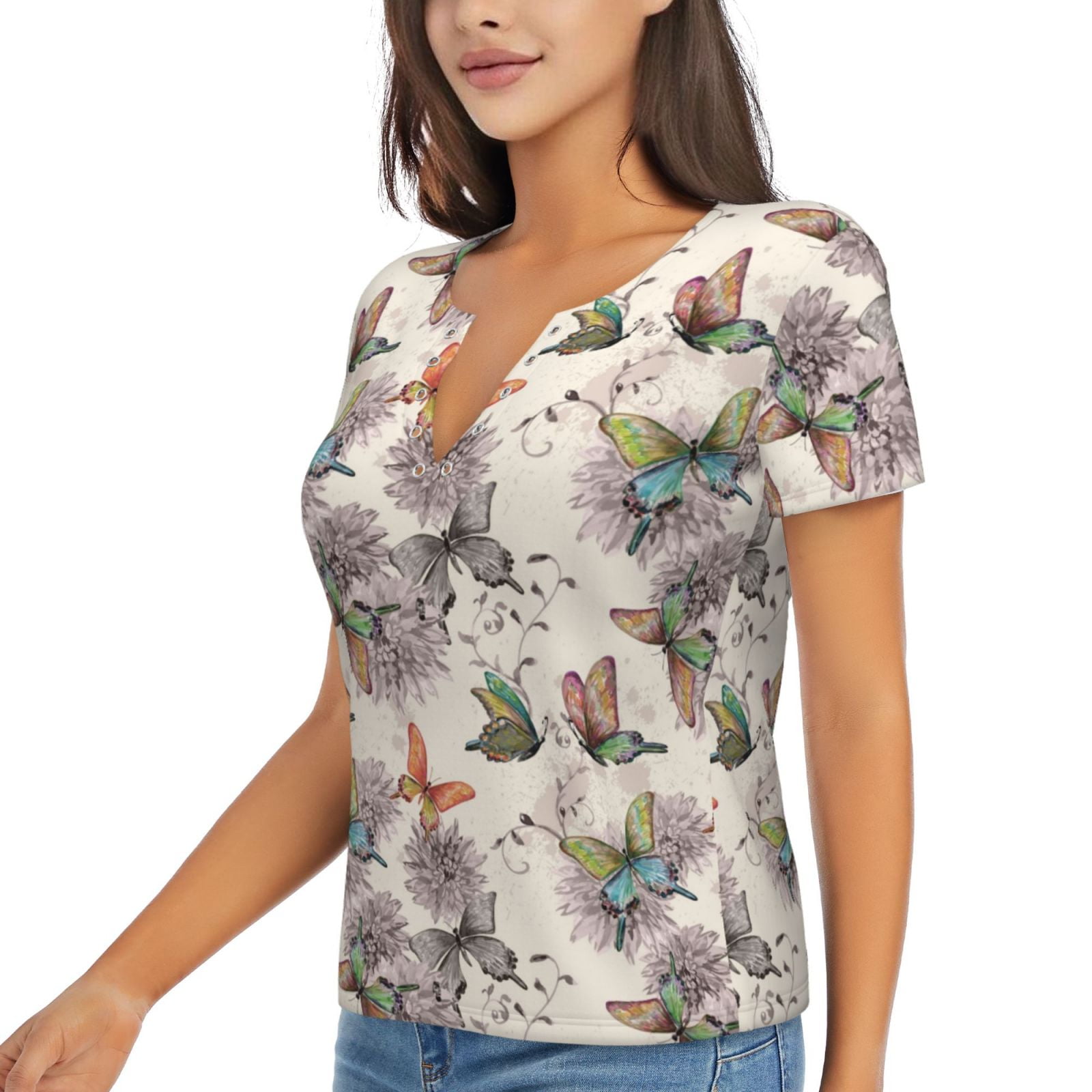 Goofa Flying Butterflies-1 Pattern Womens Deep V Neck Low Cut Tops ...