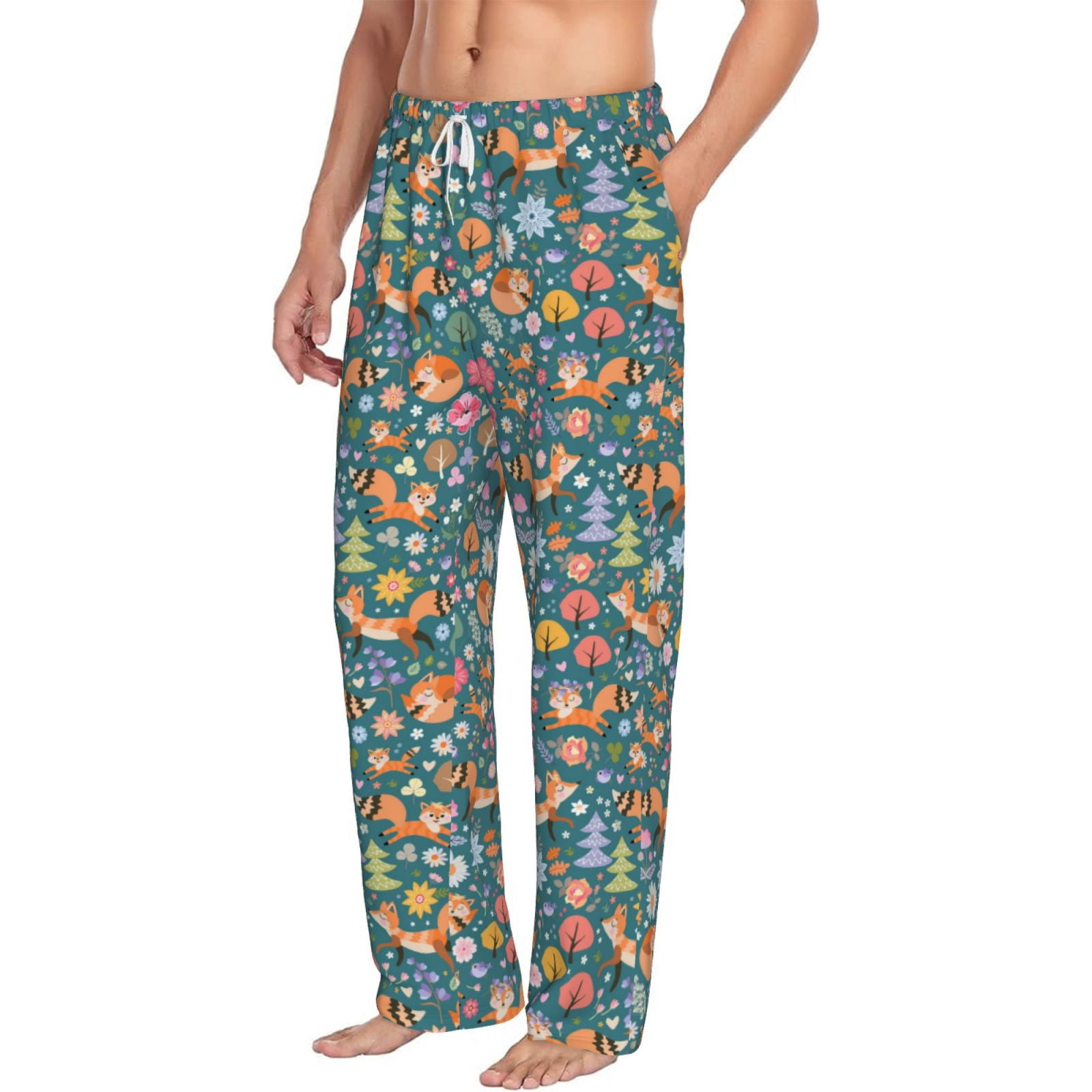 Goofa Foxes and Birds in Forest Printed Soft Pajama Pants for Men, Wide ...