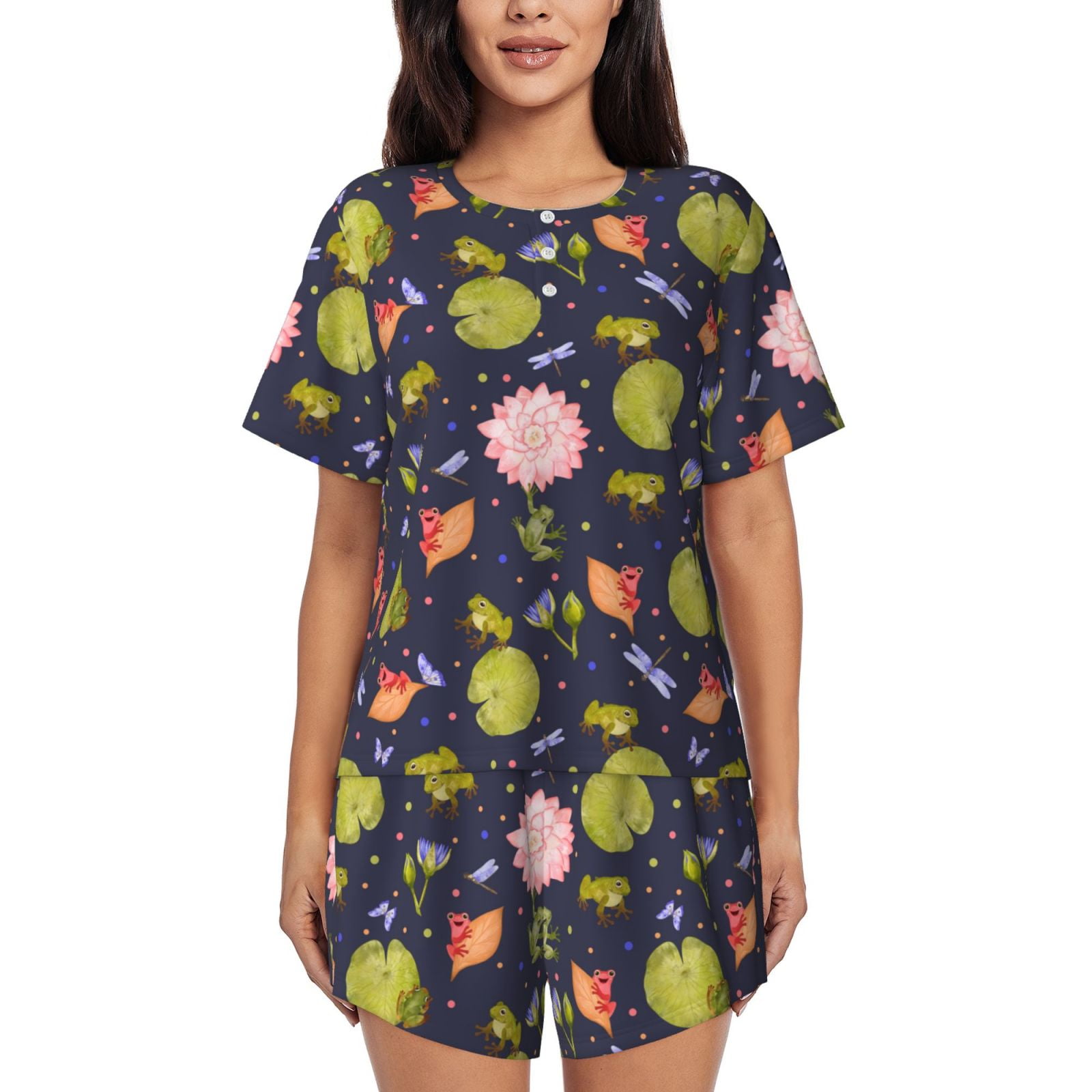 Goofa Frog And Flowers for Womens Cotton 2 Piece Pajamas Set Classic ...