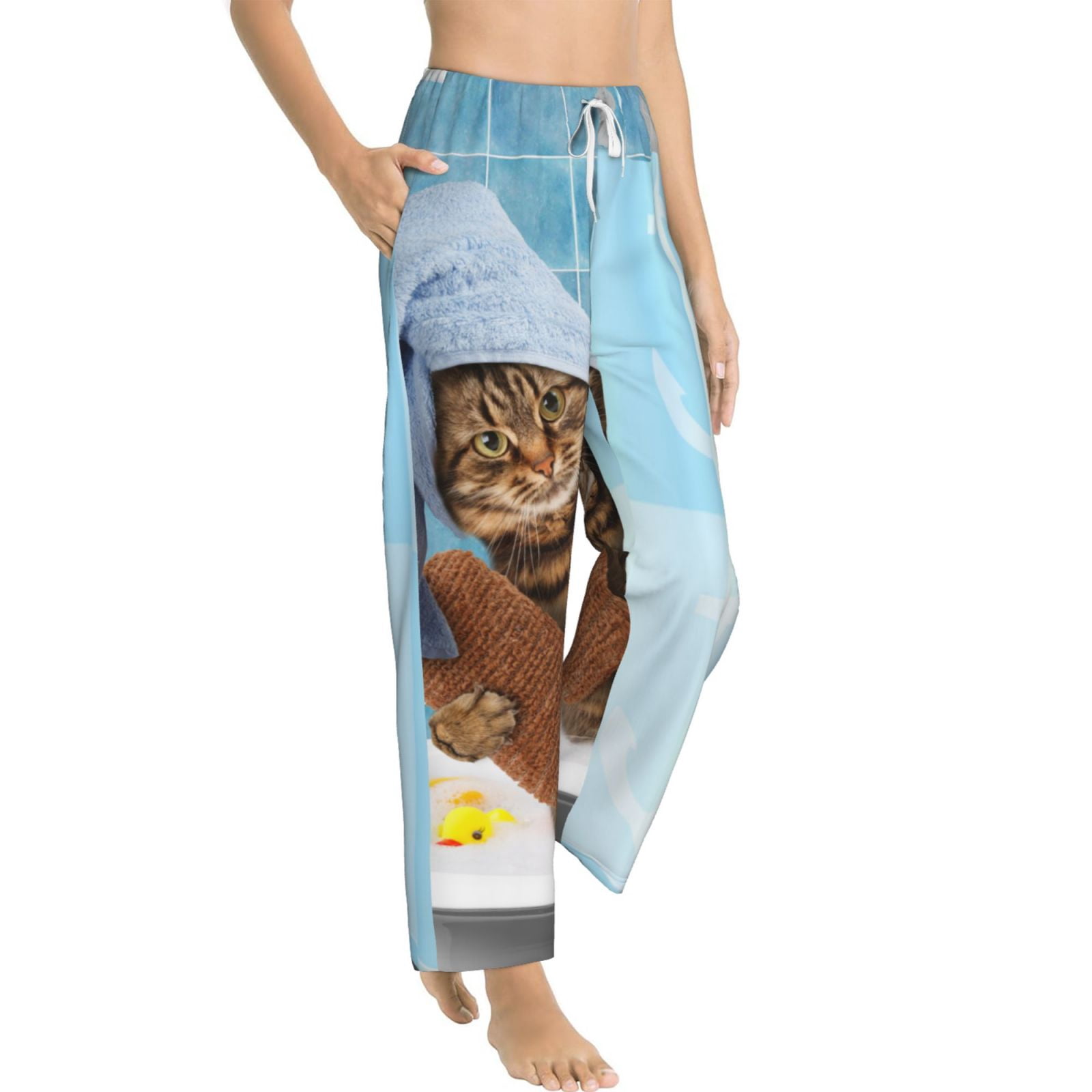 Goofa Funny Cat Taking a Bath Printed Soft Pajama Pants for Women, Wide ...