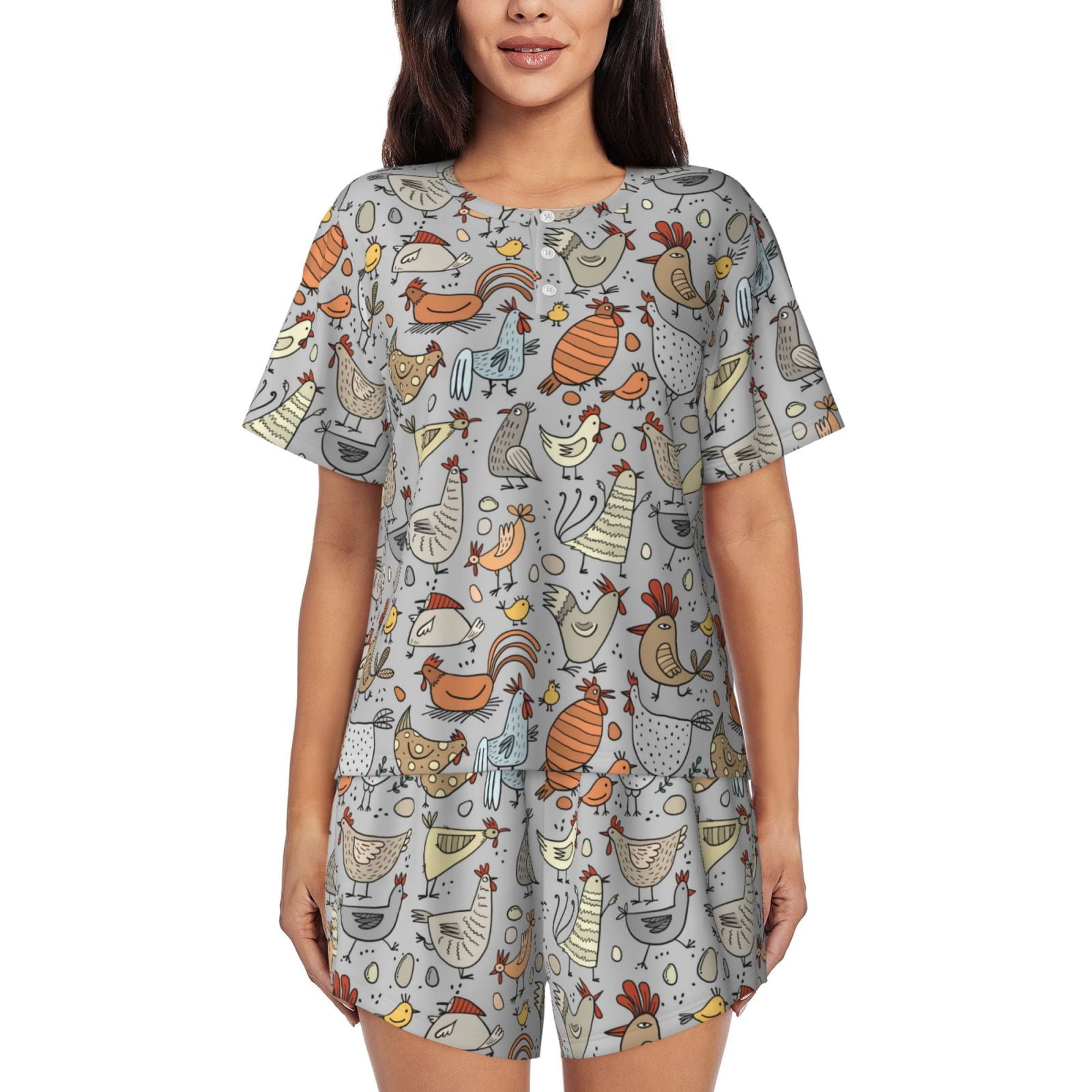 Goofa Funny Chicken for Womens Cotton 2 Piece Pajamas Set Classic Short ...
