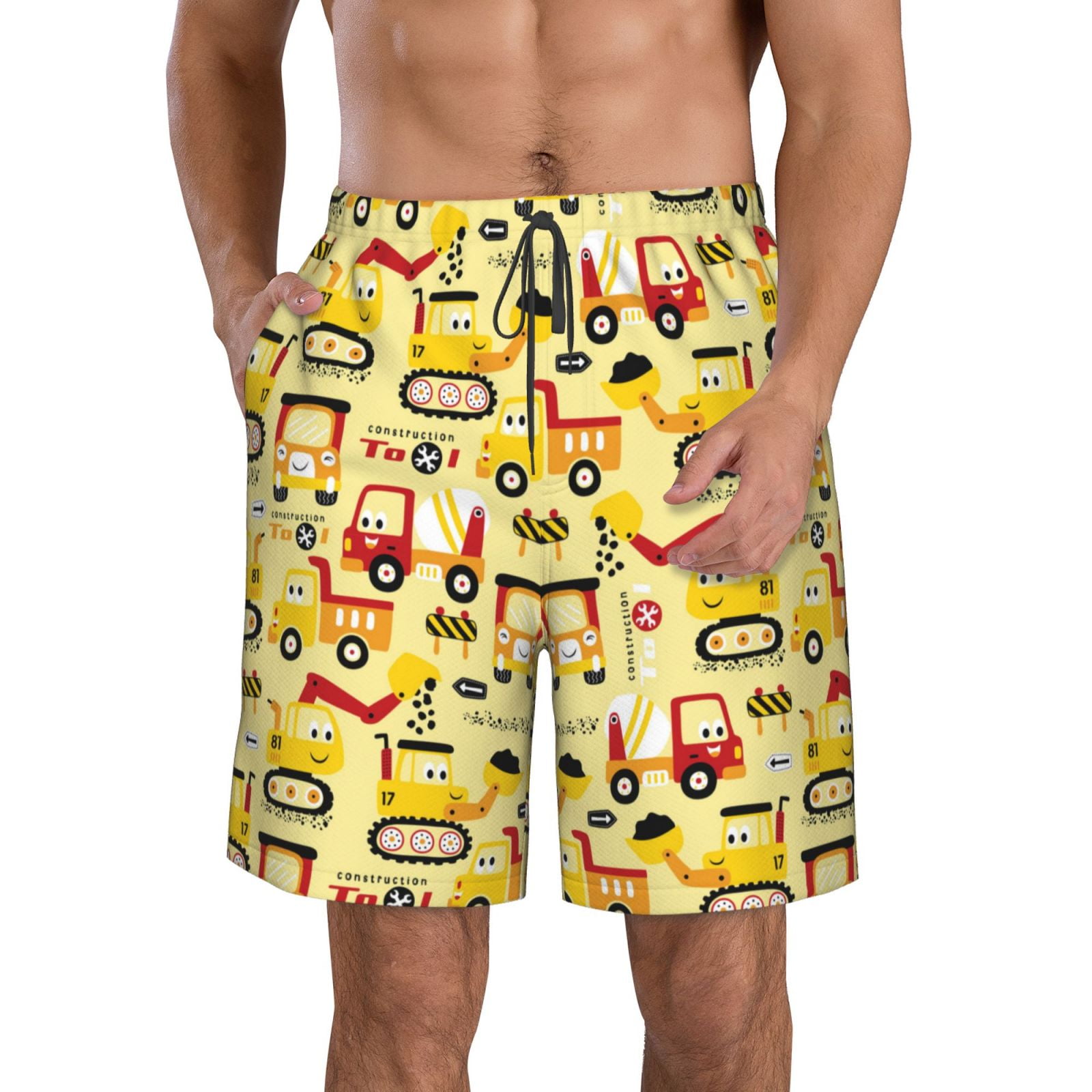 Goofa Funny Construction Vehicles Printed Mens Swim Trunks Summer Quick ...