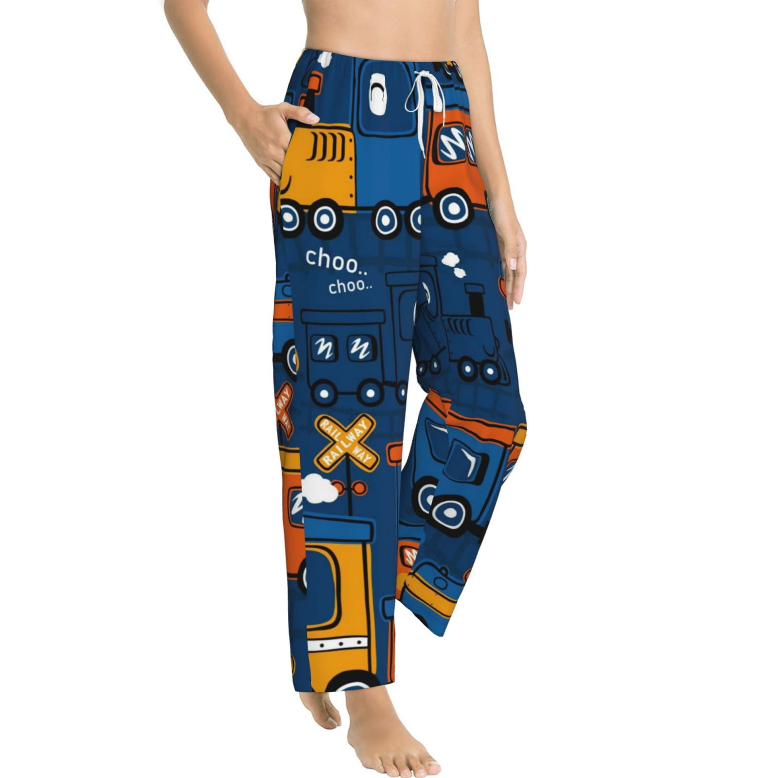 Goofa Funny Steam Train Printed Soft Pajama Pants for Women, Wide Leg ...