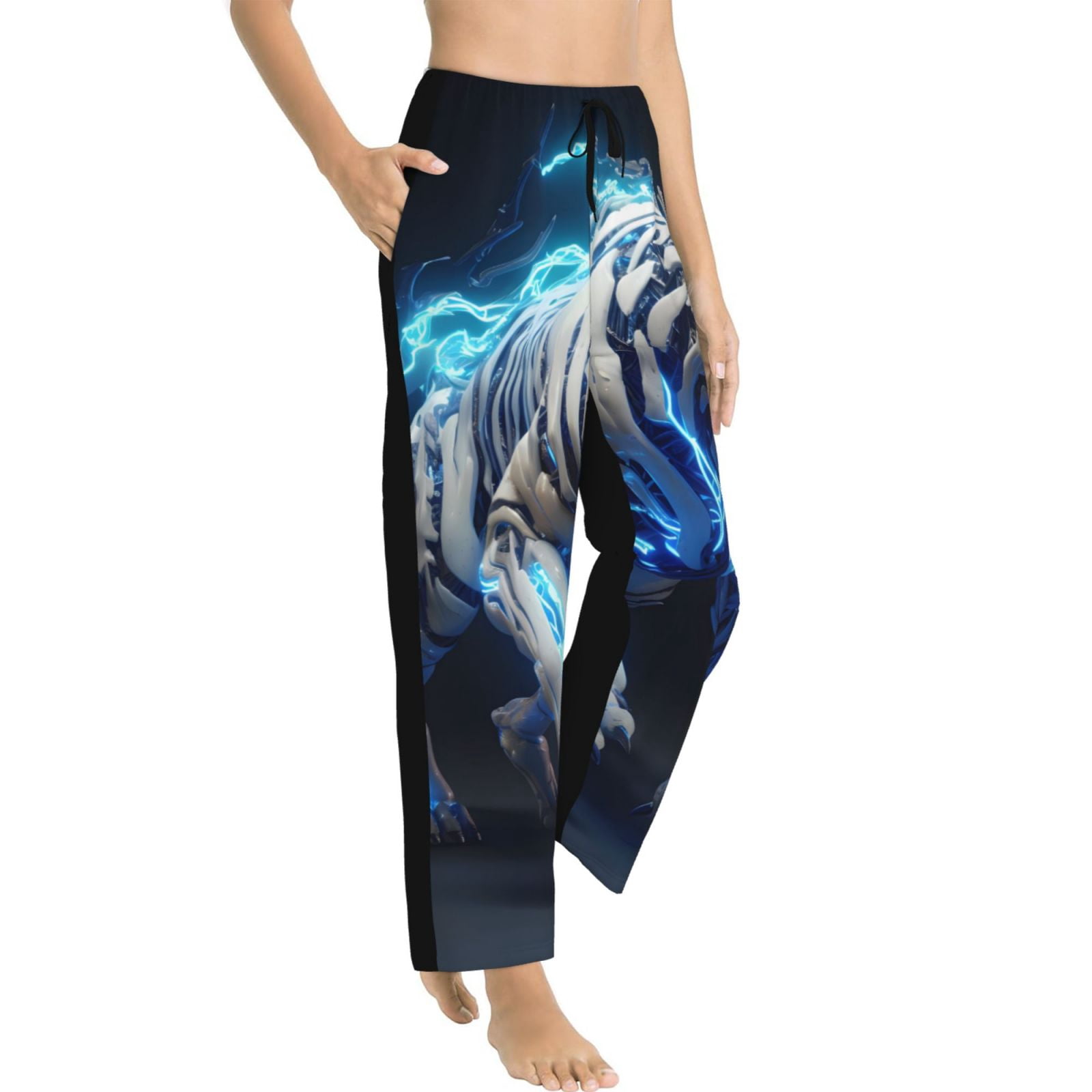 Goofa Futuristic Blue Light White Tiger Printed Soft Pajama Pants for ...