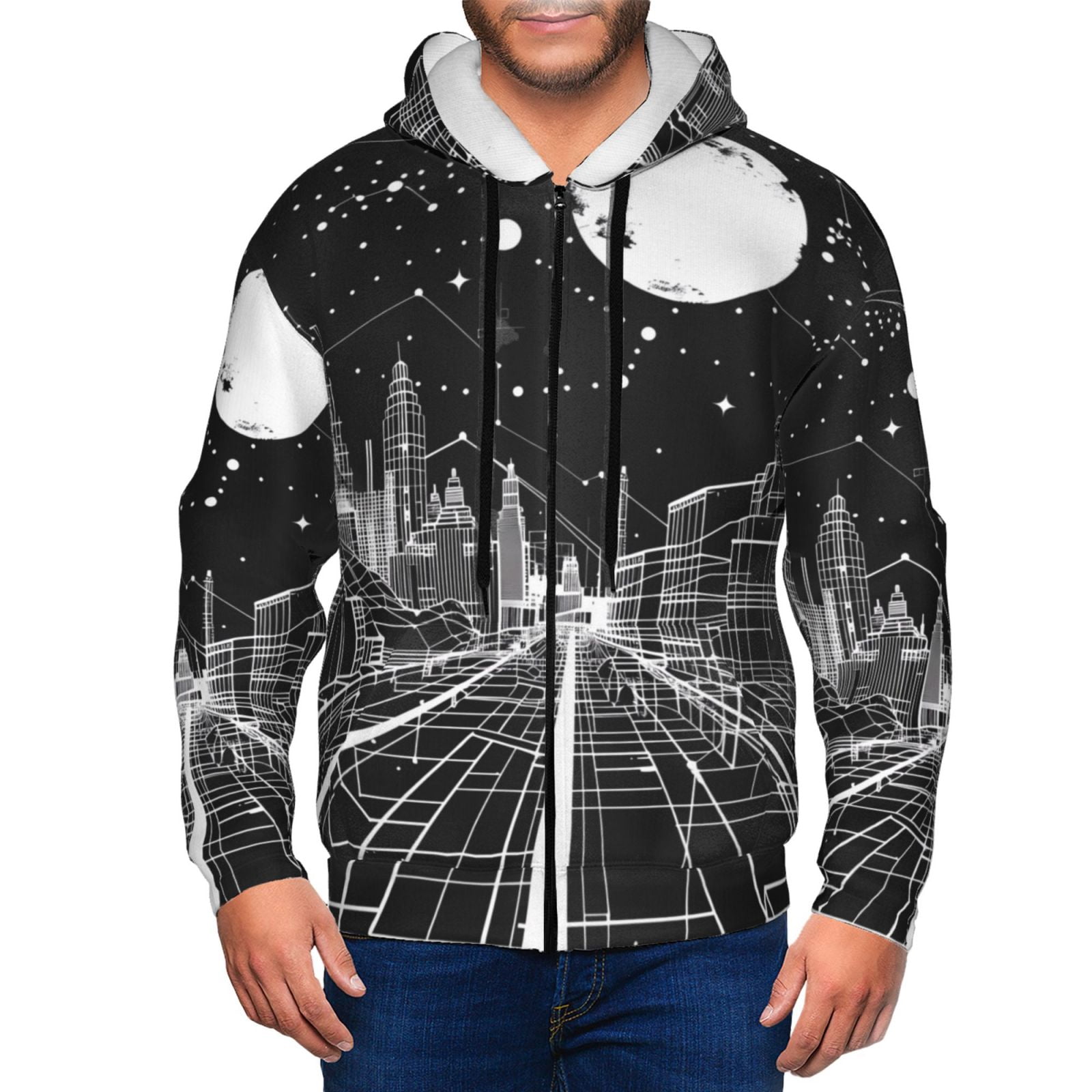 Goofa Futuristic Moonlit Cityscape Pattern Mens Full-zip Hoodie, Zip-up ...