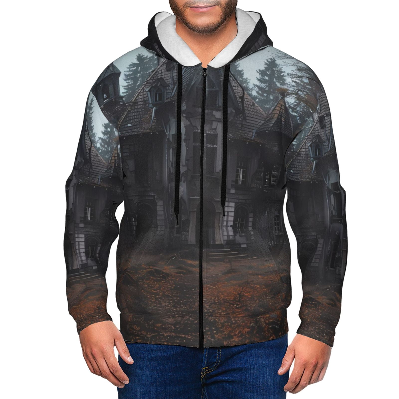 Goofa Gloomy Mansion Forest Scene Pattern Mens Full-zip Hoodie, Zip-up ...
