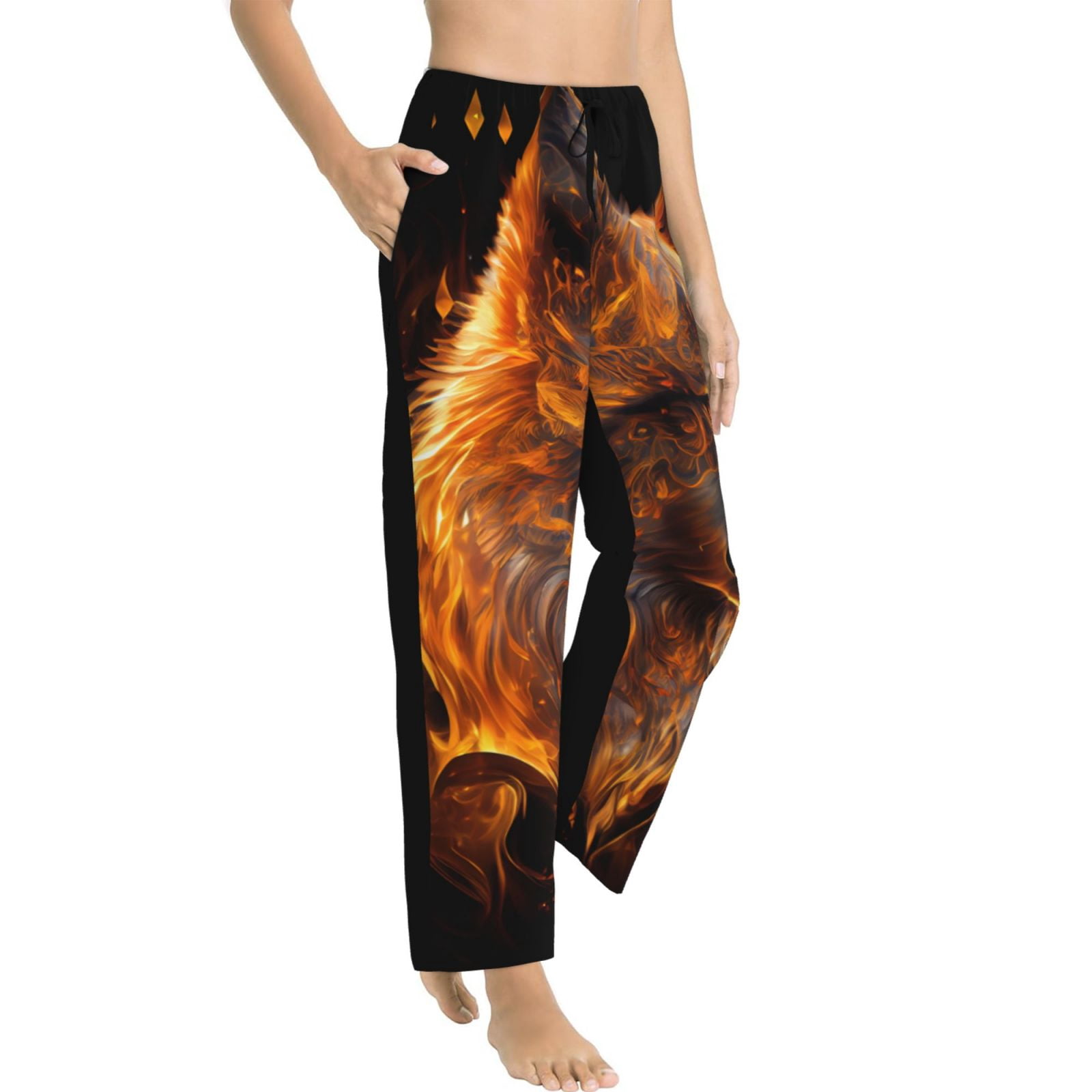 Goofa Gold Flame Pattern Wolf Printed Soft Pajama Pants for Women, Wide ...