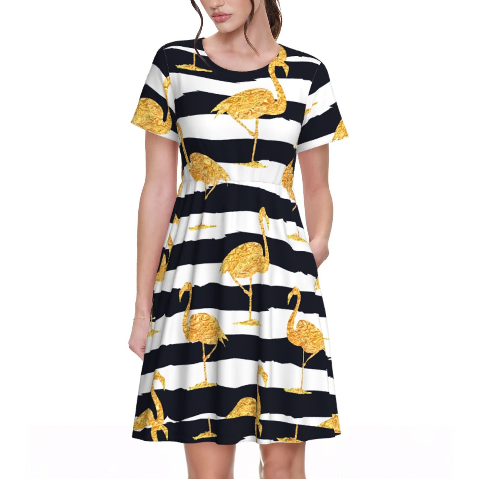 Goofa Gold Flamingo Pattern Women Summer Short Sleeve Midi Dress with ...