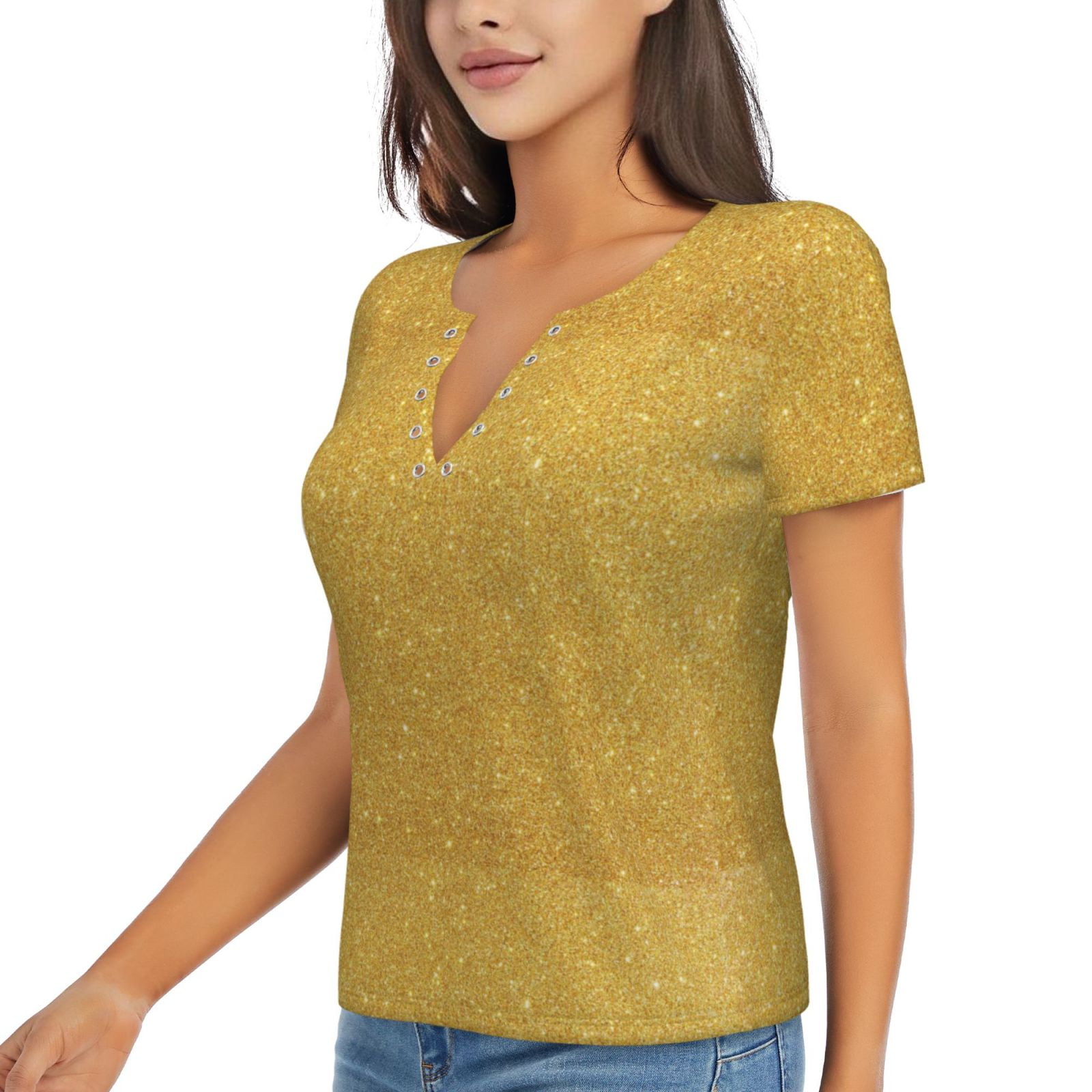 Goofa Gold Shiny Pattern Womens Deep V Neck Low Cut Tops Casual Summer ...