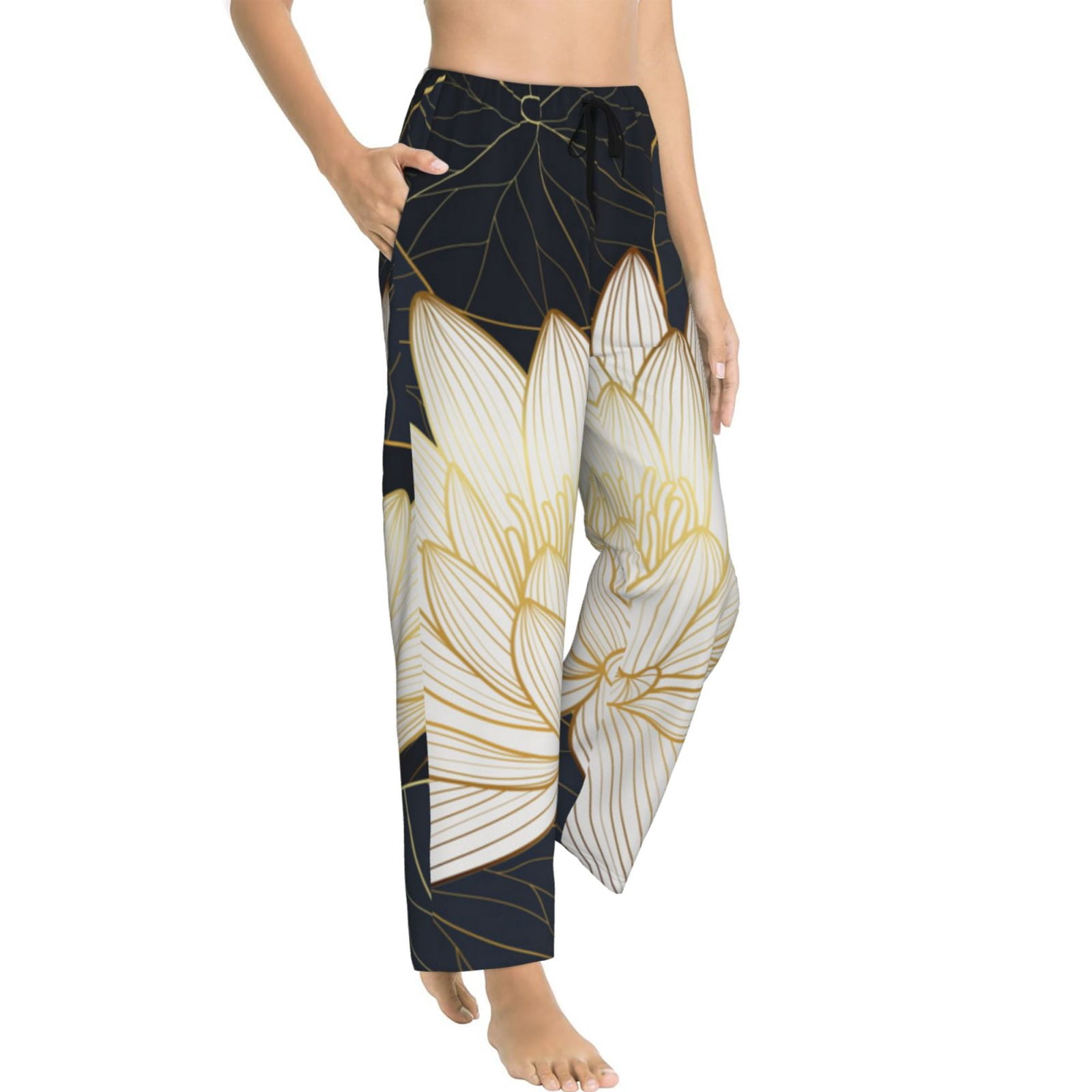 Goofa Golden Lotus Printed Soft Pajama Pants for Women, Wide Leg Comfy ...