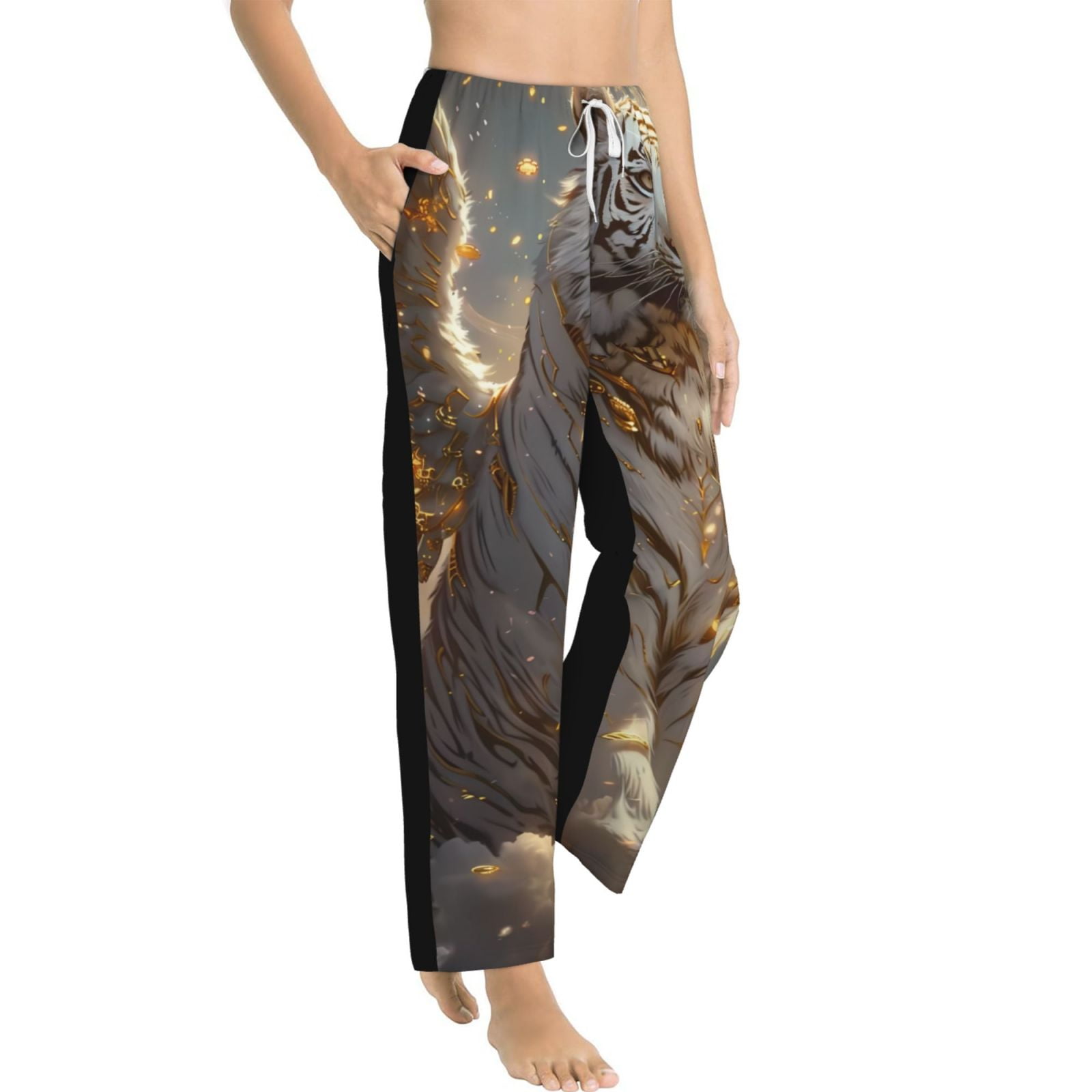 Goofa Golden White Tiger Printed Soft Pajama Pants for Women, Wide Leg ...