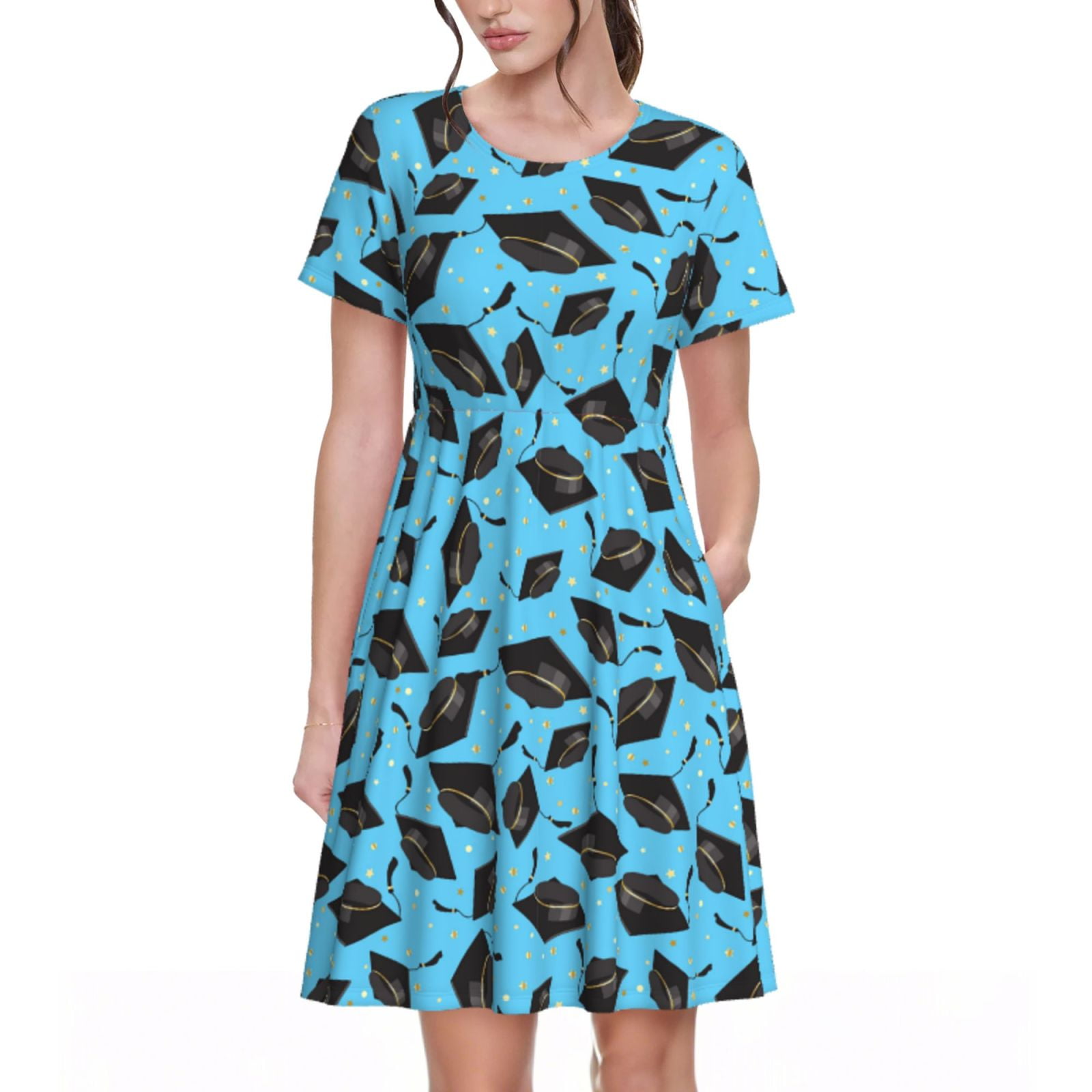 Goofa Graduation Hats2 Pattern Women Summer Short Sleeve Midi Dress ...