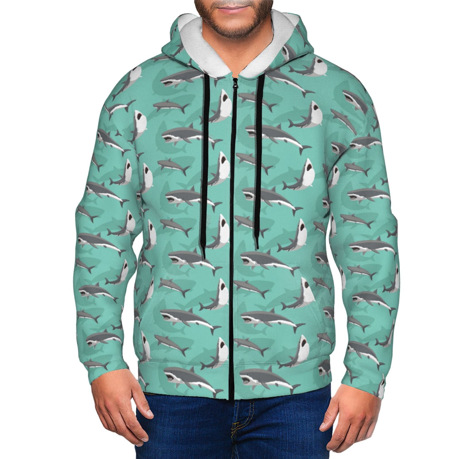 Goofa Great White Shark Pattern Mens Full-zip Hoodie, Zip-up Pullover ...