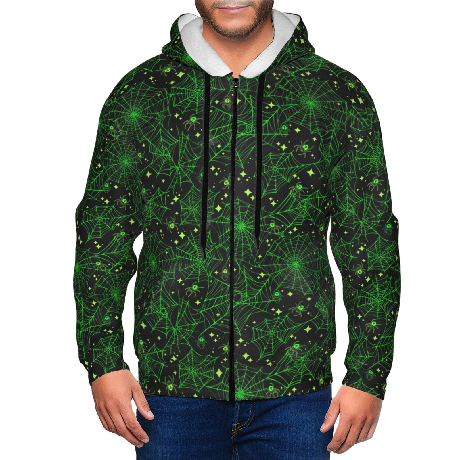 Goofa Green Bright Web with Spiders Pattern Mens Full-zip Hoodie, Zip ...