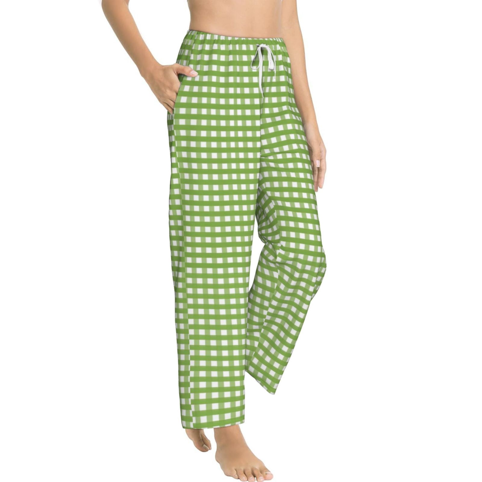 Goofa Green Gingham Printed Soft Pajama Pants for Women, Wide Leg Comfy ...