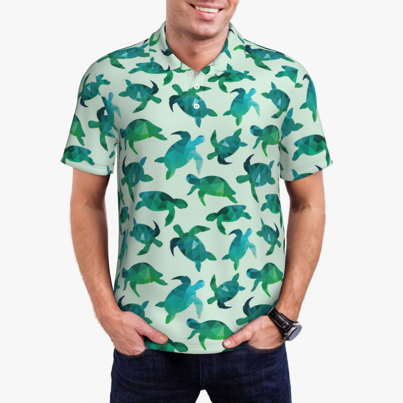 Goofa Green Sea Turtle Print Mens Polo Shirts Quick Dry Short Sleeve ...