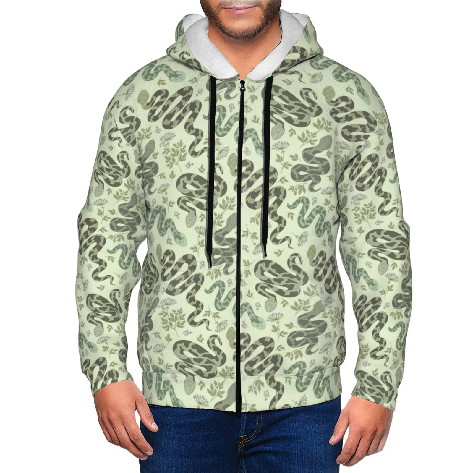 Goofa Green Snake Pattern Mens Full-zip Hoodie, Zip-up Pullover Hooded ...