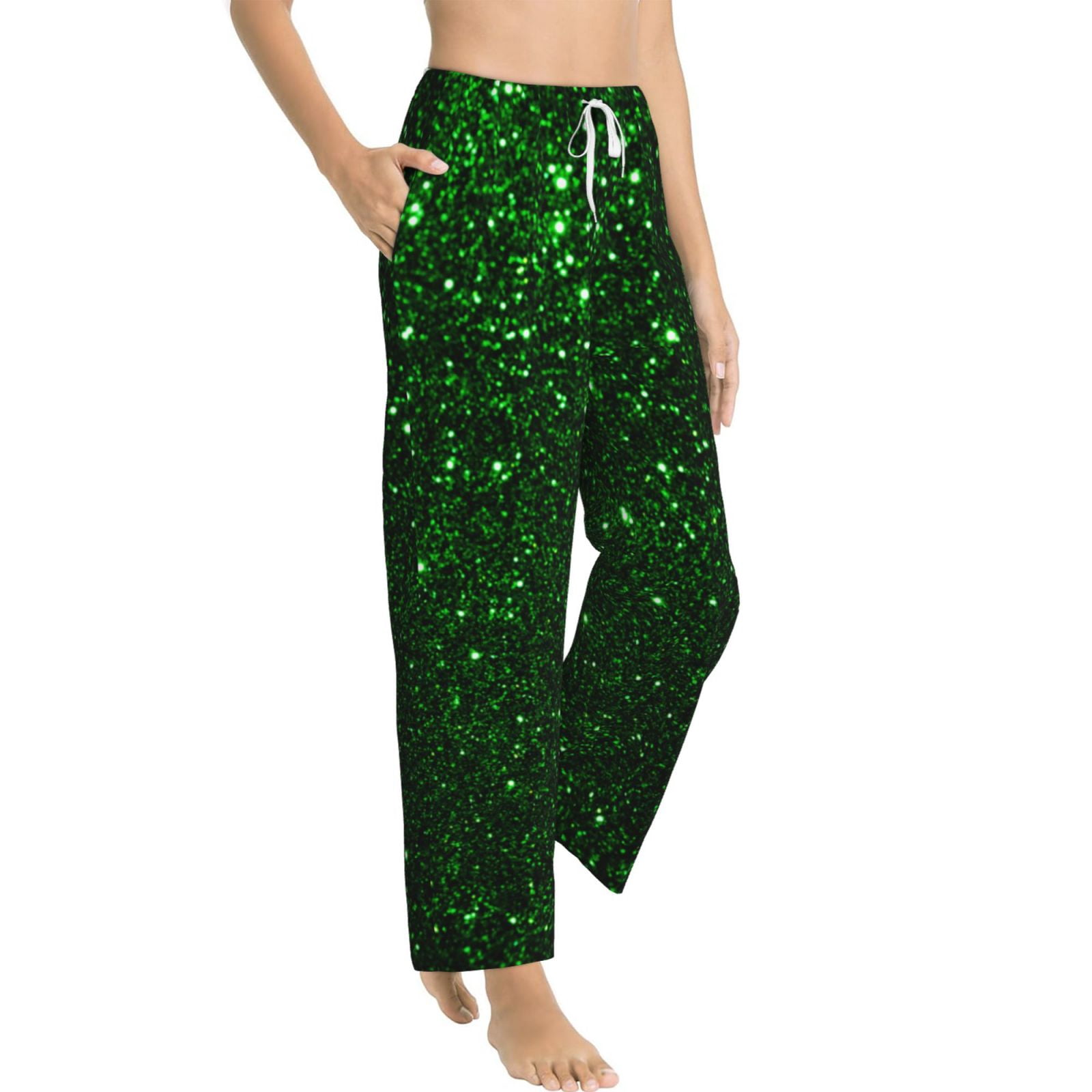 Goofa Green Sparkling Printed Soft Pajama Pants for Women, Wide Leg ...