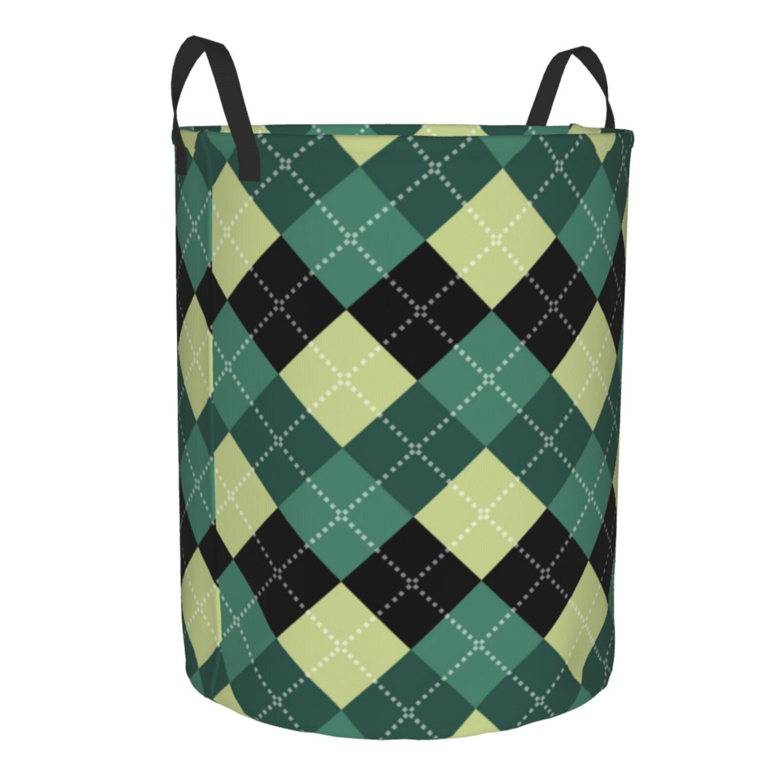 Goofa Green Squares Printed Circular Hamper,Laundry Basket with Handles ...