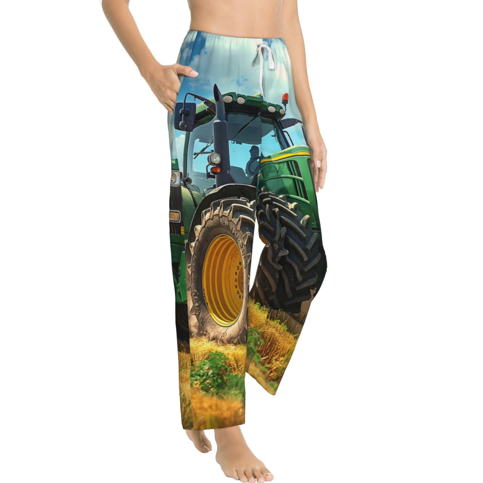 Goofa Green Tractor Field Printed Soft Pajama Pants for Women, Wide Leg ...