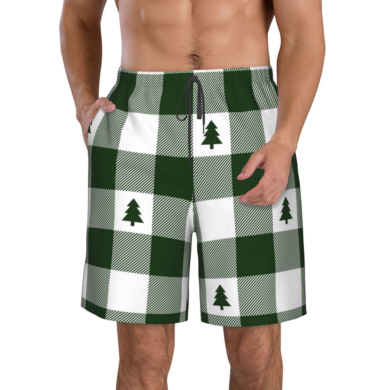 Goofa Green White Lumberjack Plaid Printed Mens Swim Trunks Summer ...