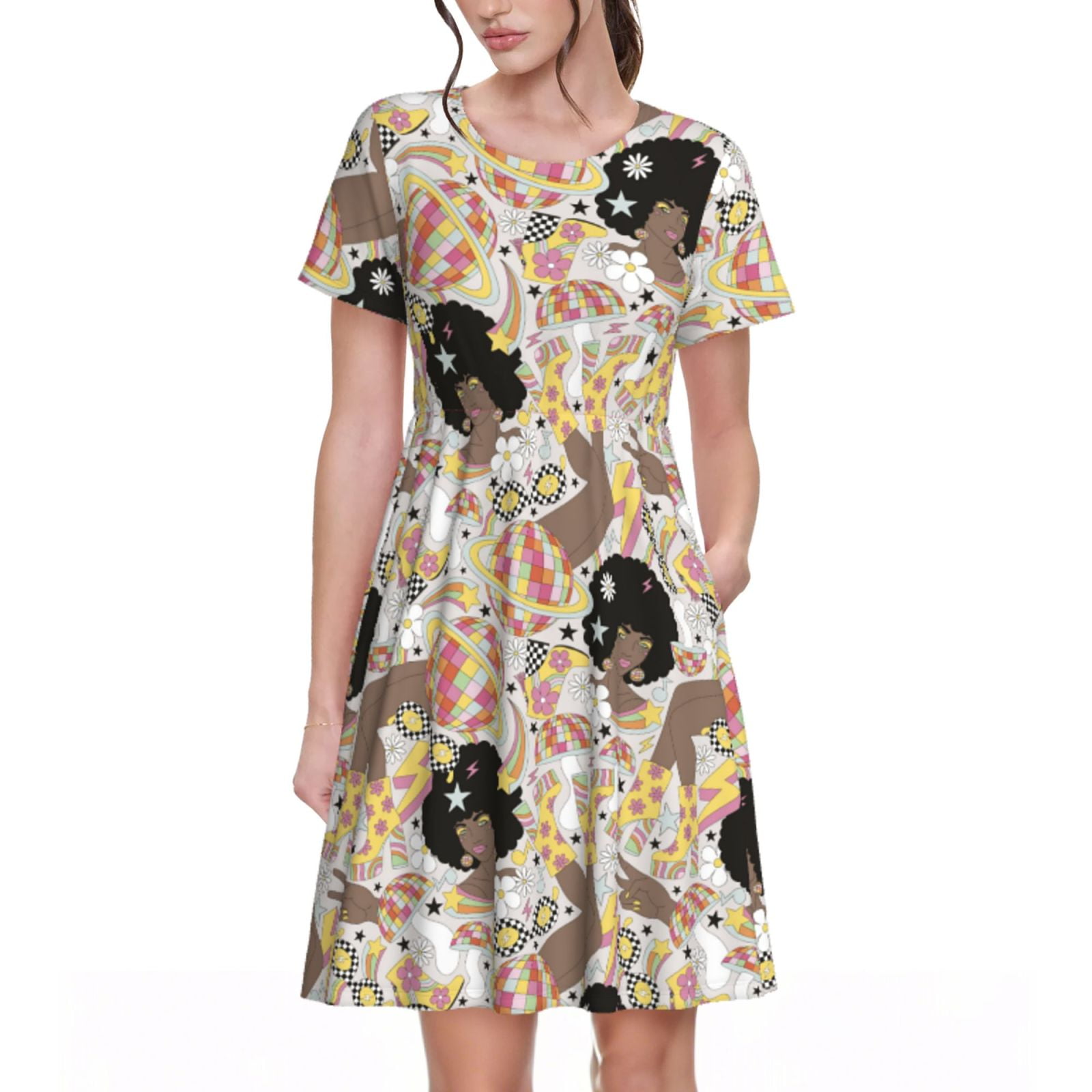 Goofa Groovy Disco Pattern Women Summer Short Sleeve Midi Dress with ...