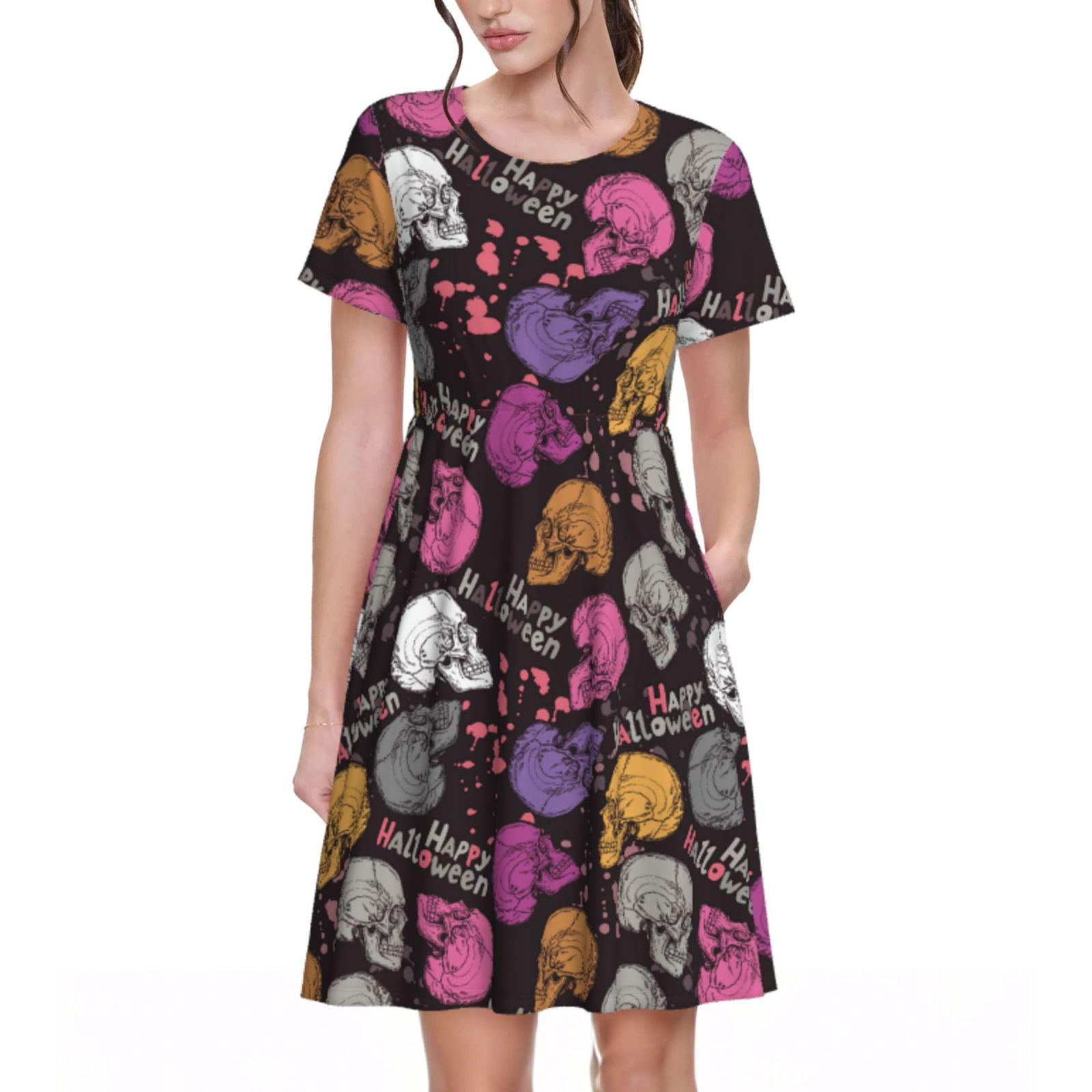 Goofa Halloween Skeleton Pattern Women Summer Short Sleeve Midi Dress with Pockets Casual Aline ...