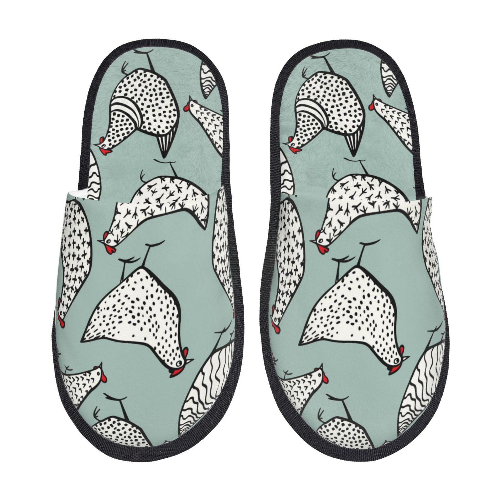 Goofa Hand Drawn Chickens Pattern Plush Furry Slippers for Men & Women ...