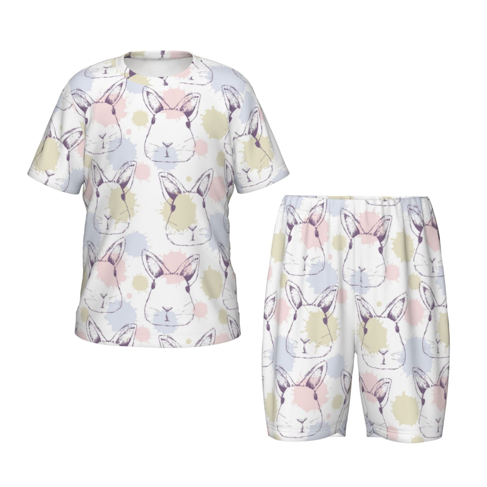Goofa Hand Drawn Rabbit Pattern Short-Sleeved Pajama Set for Kids ...