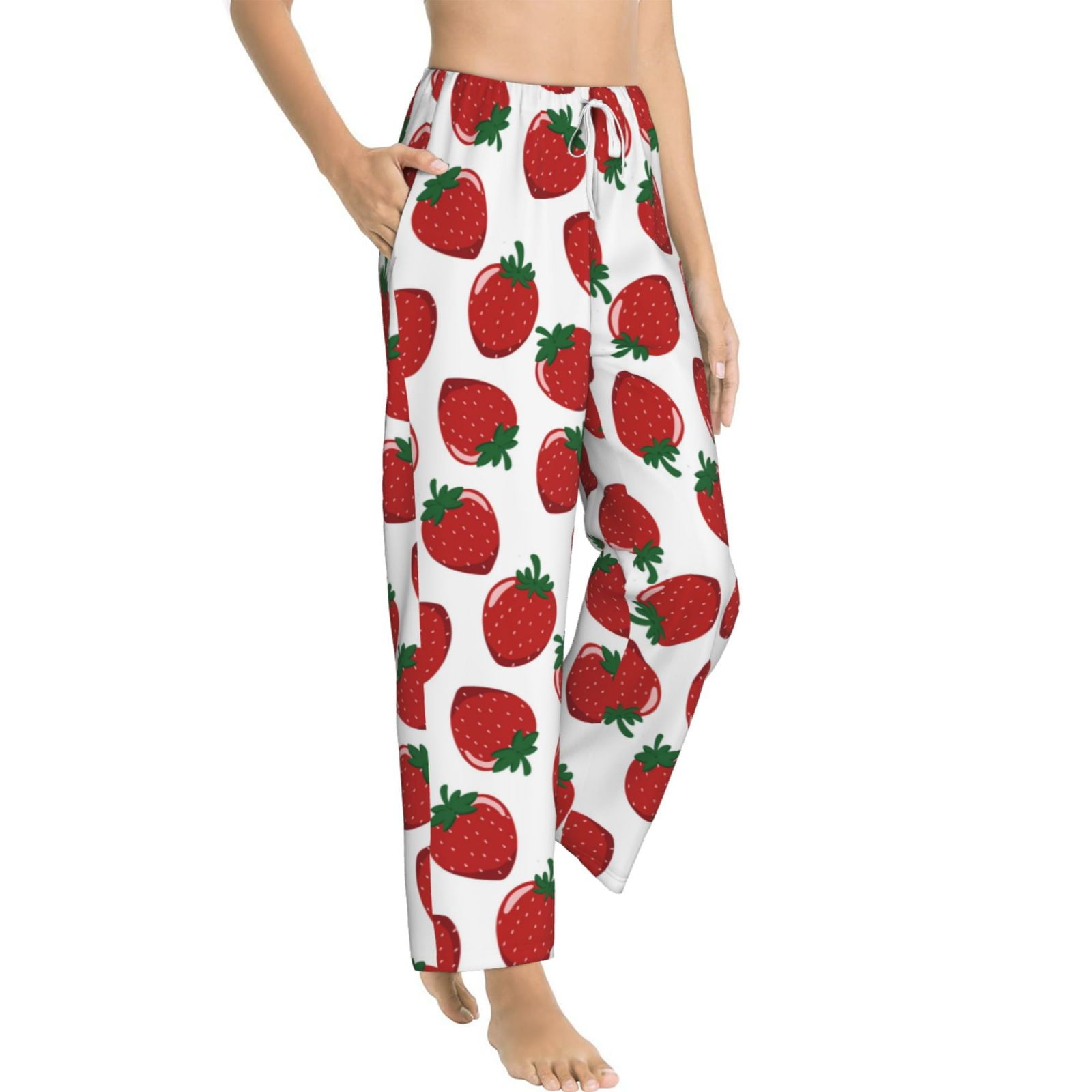 Goofa Hand Drawn Strawberry Printed Soft Pajama Pants for Women, Wide ...