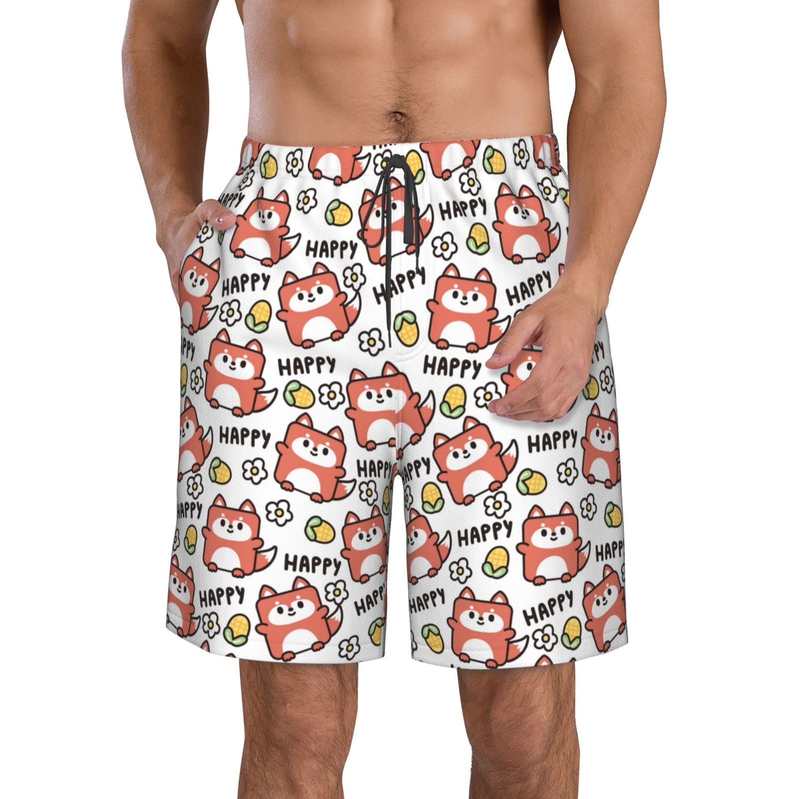 Goofa Happy Foxy Faces Printed Mens Swim Trunks Summer Quick Dry Short ...